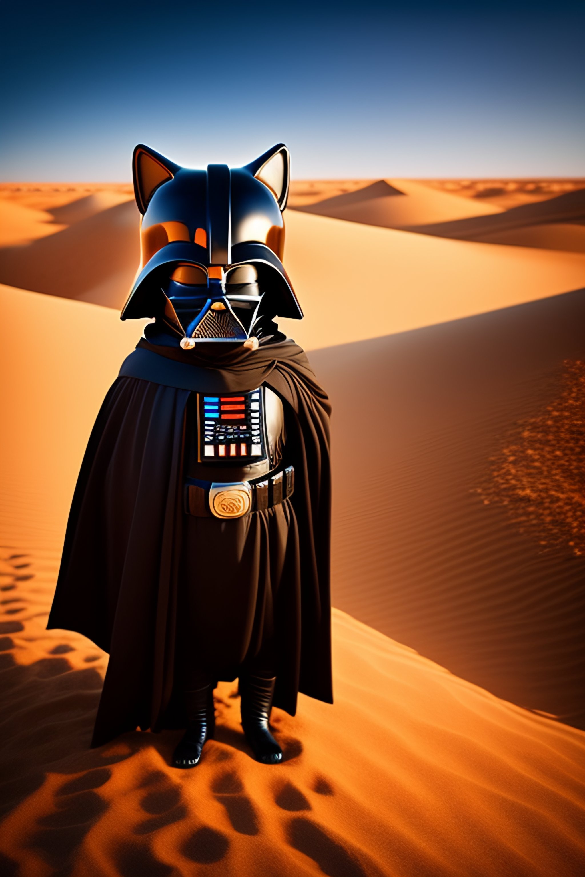 Lexica - Cute cat dressed as Darth Vader on Tatooine, desert world ...