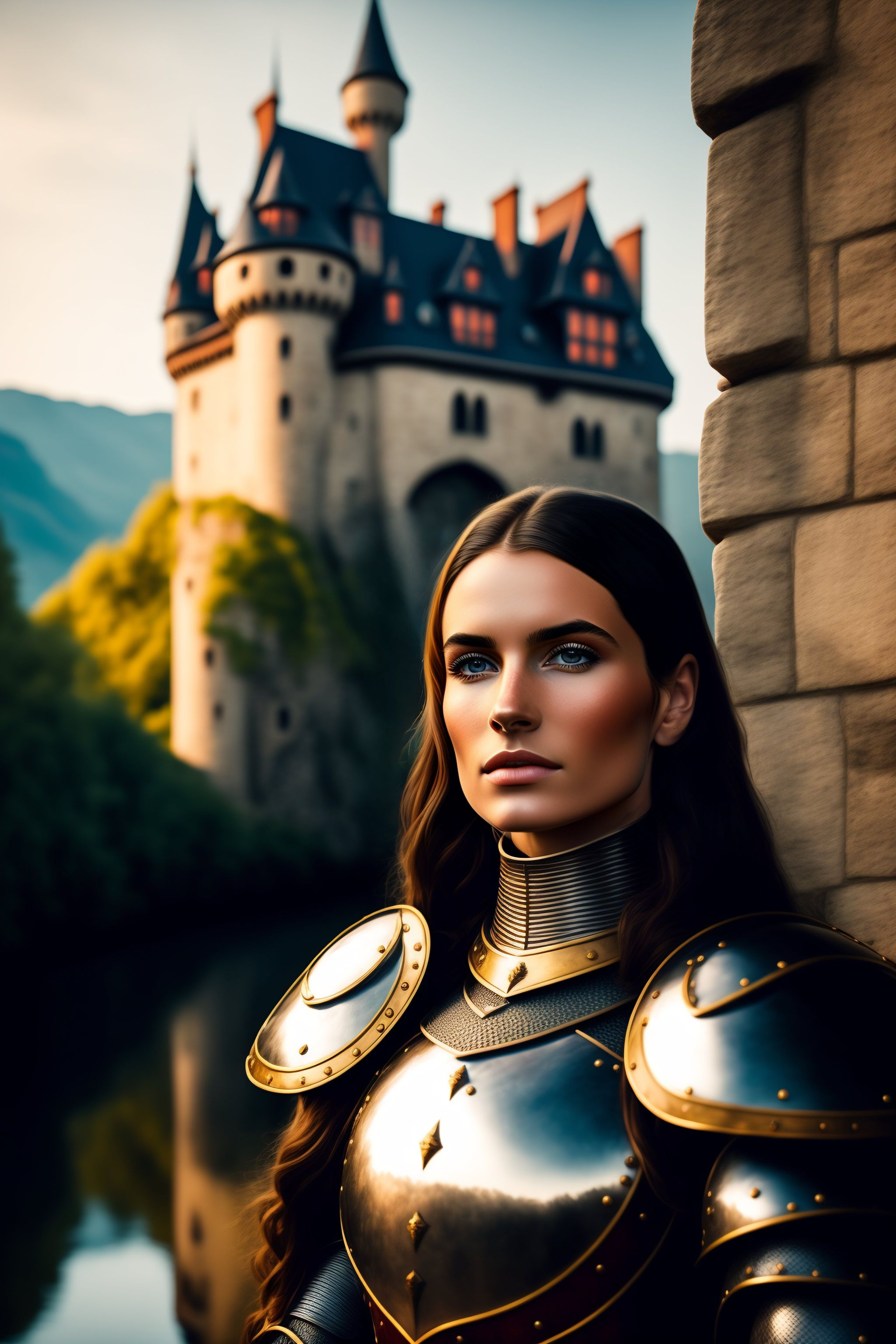 Lexica - Girl in armor on the background of the castle near which the river