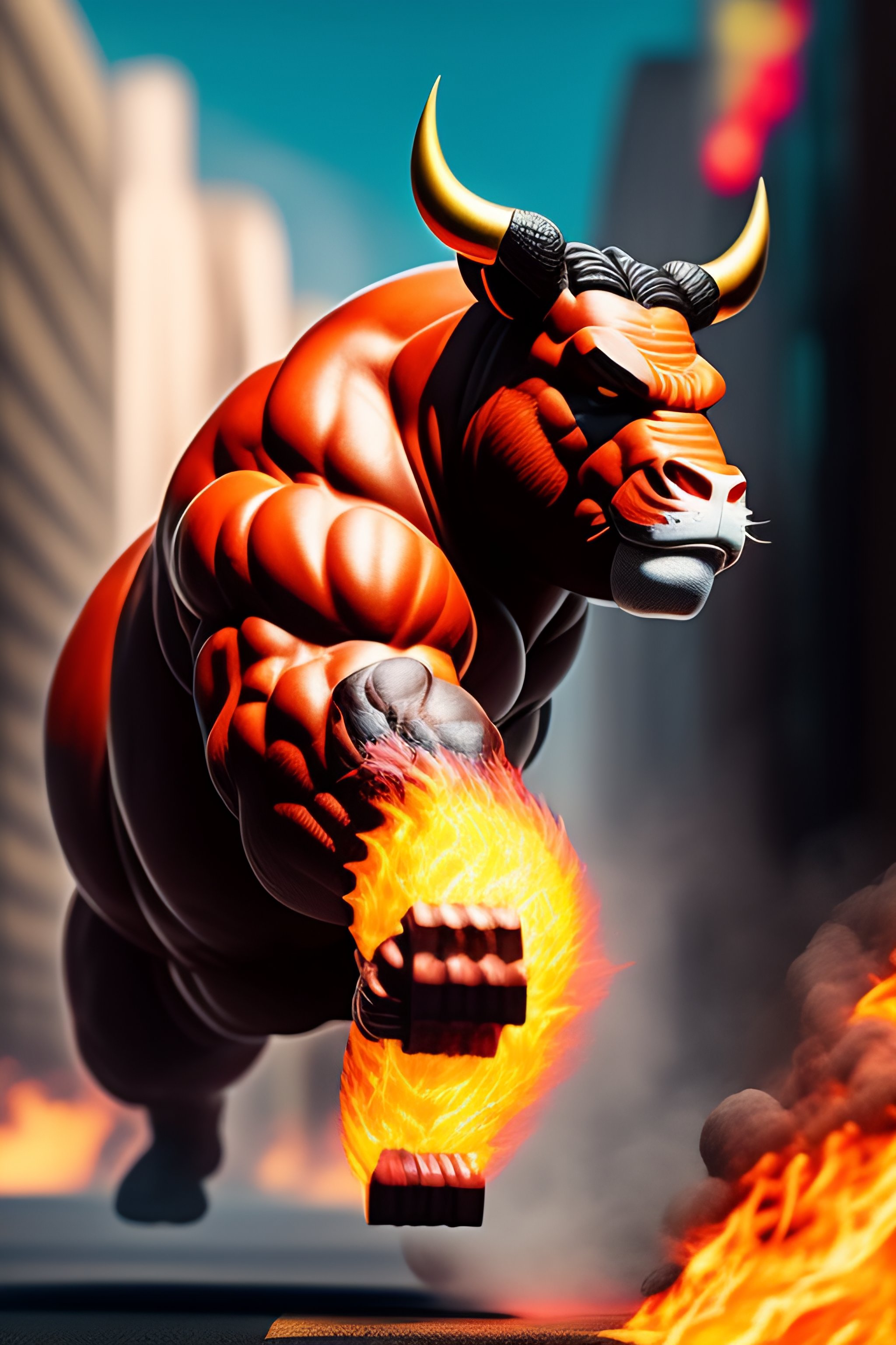 Lexica - Fire muscle bull, running destroy city,
