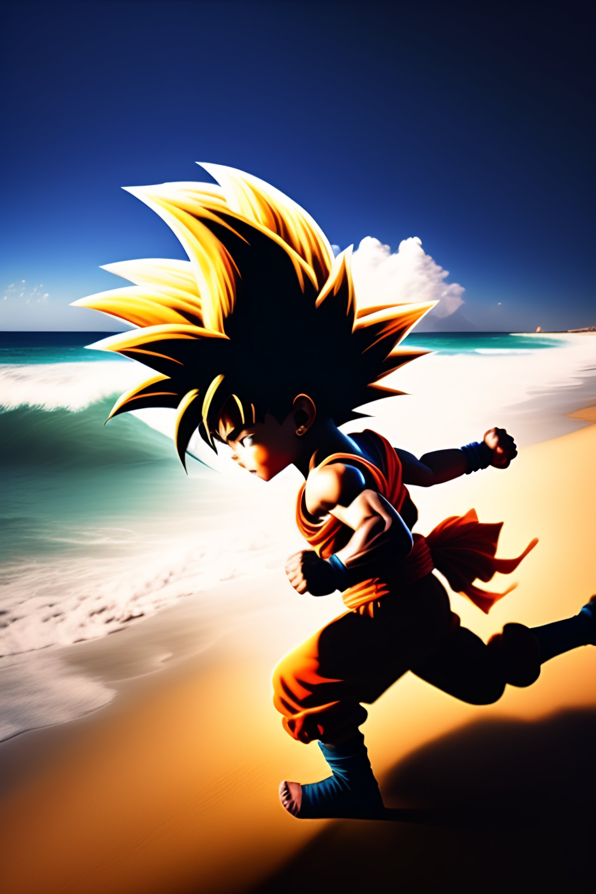 Lexica - Goku corriendo por la playa al estilo oscuro realista