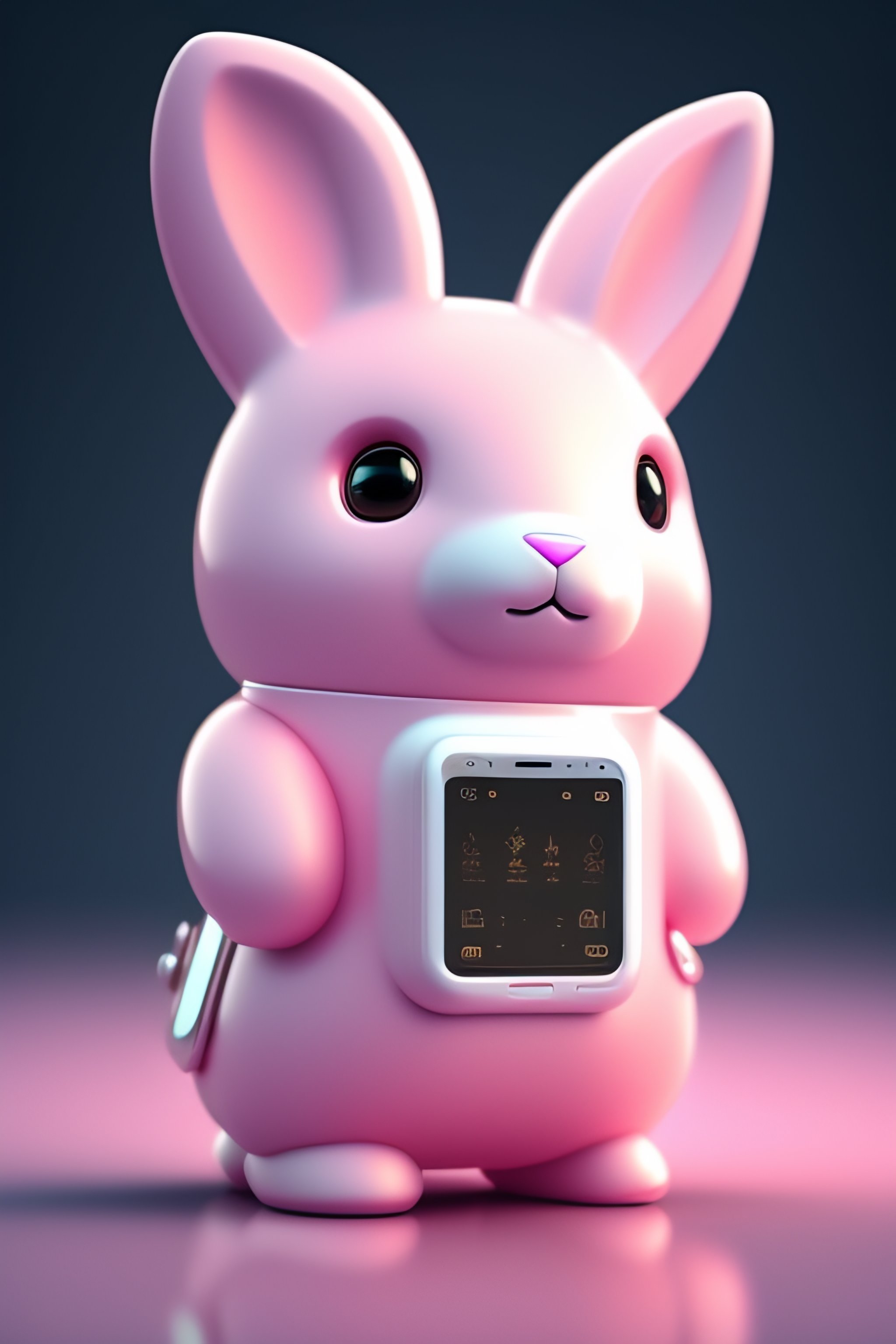Lexica - Soft Pink Bunny robot working on a smartphone