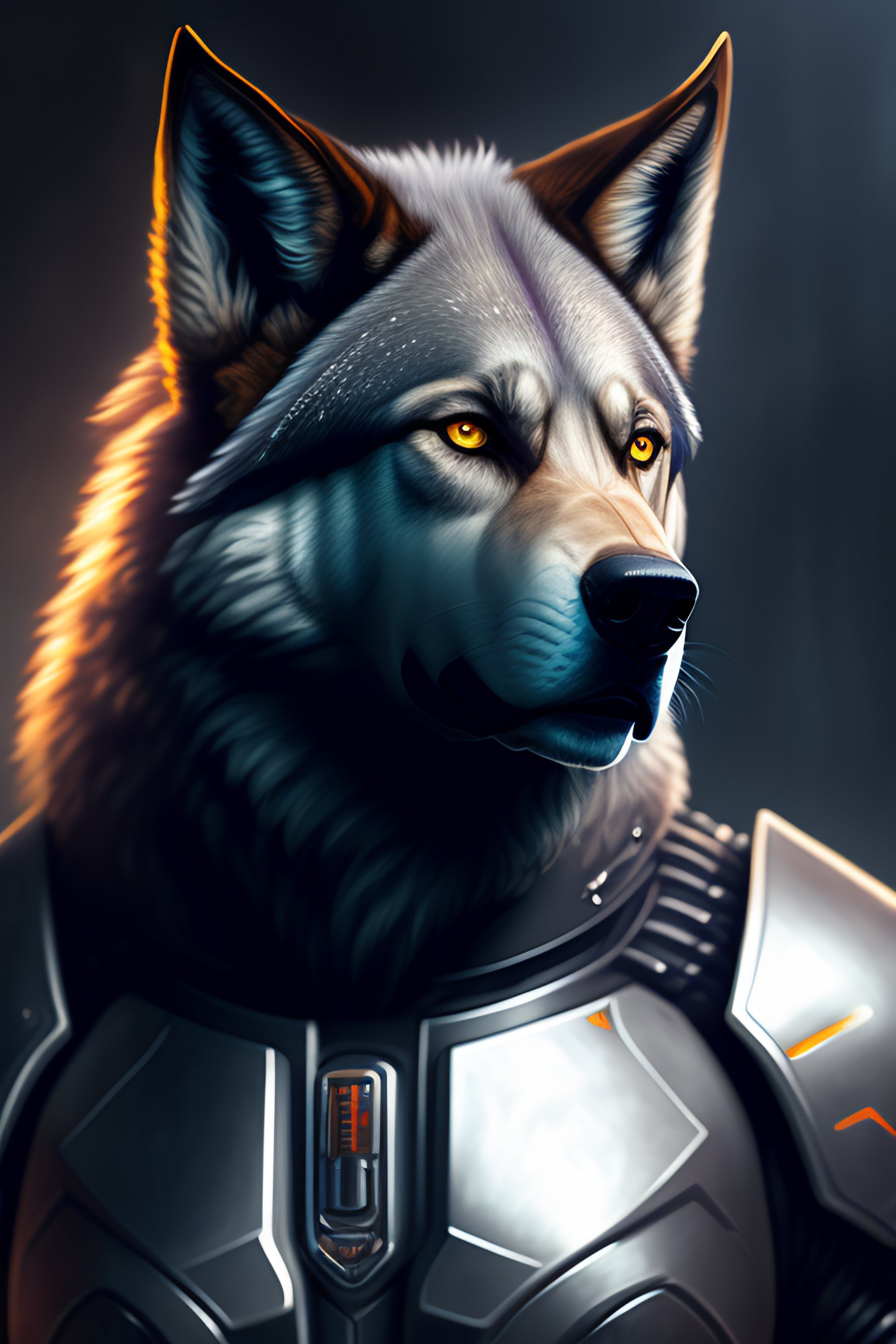 Lexica - Portrait painting of a cybernetic grey werewolf with power armor