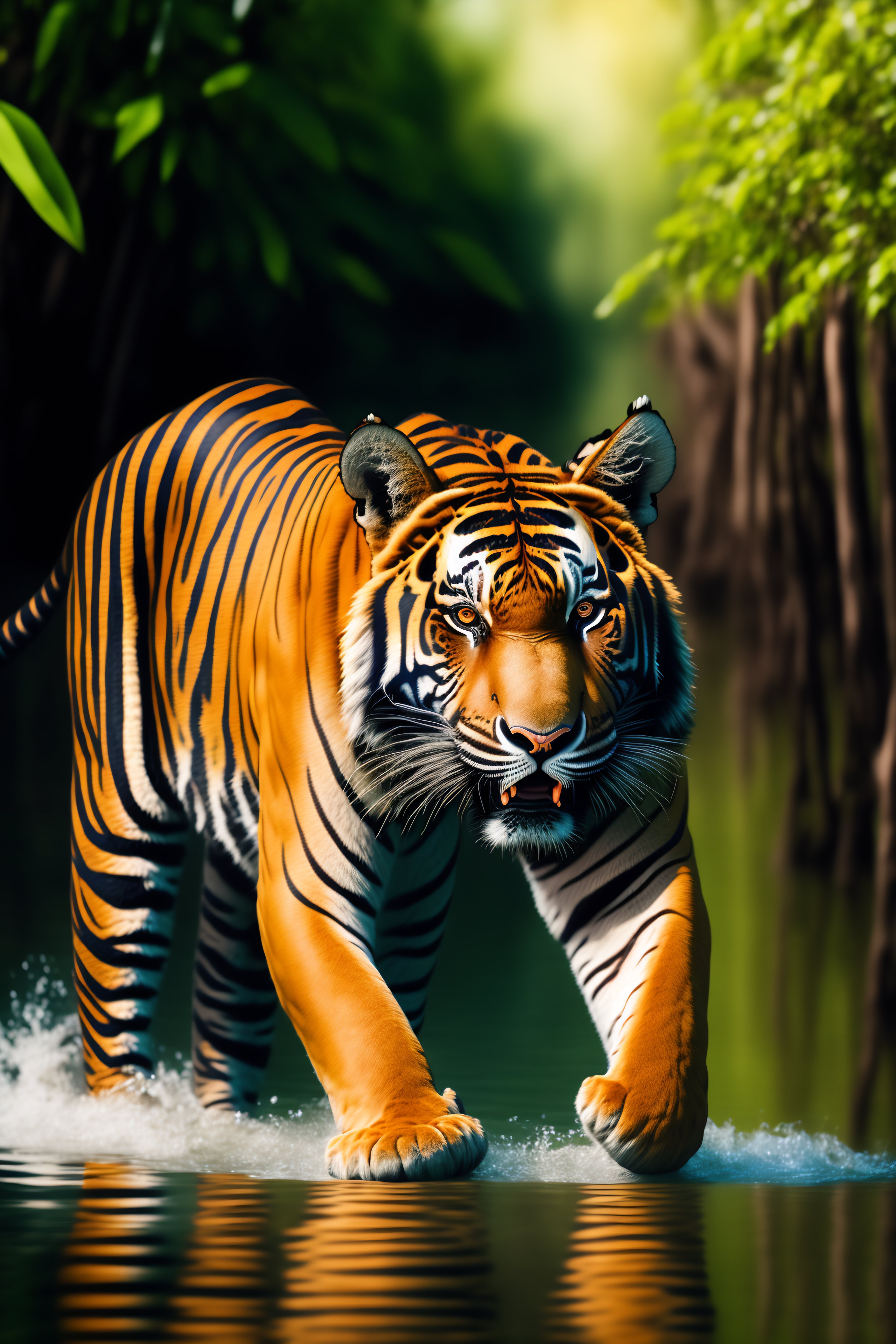 Lexica - A full body of an angry tiger waking in the mangrove forest ...
