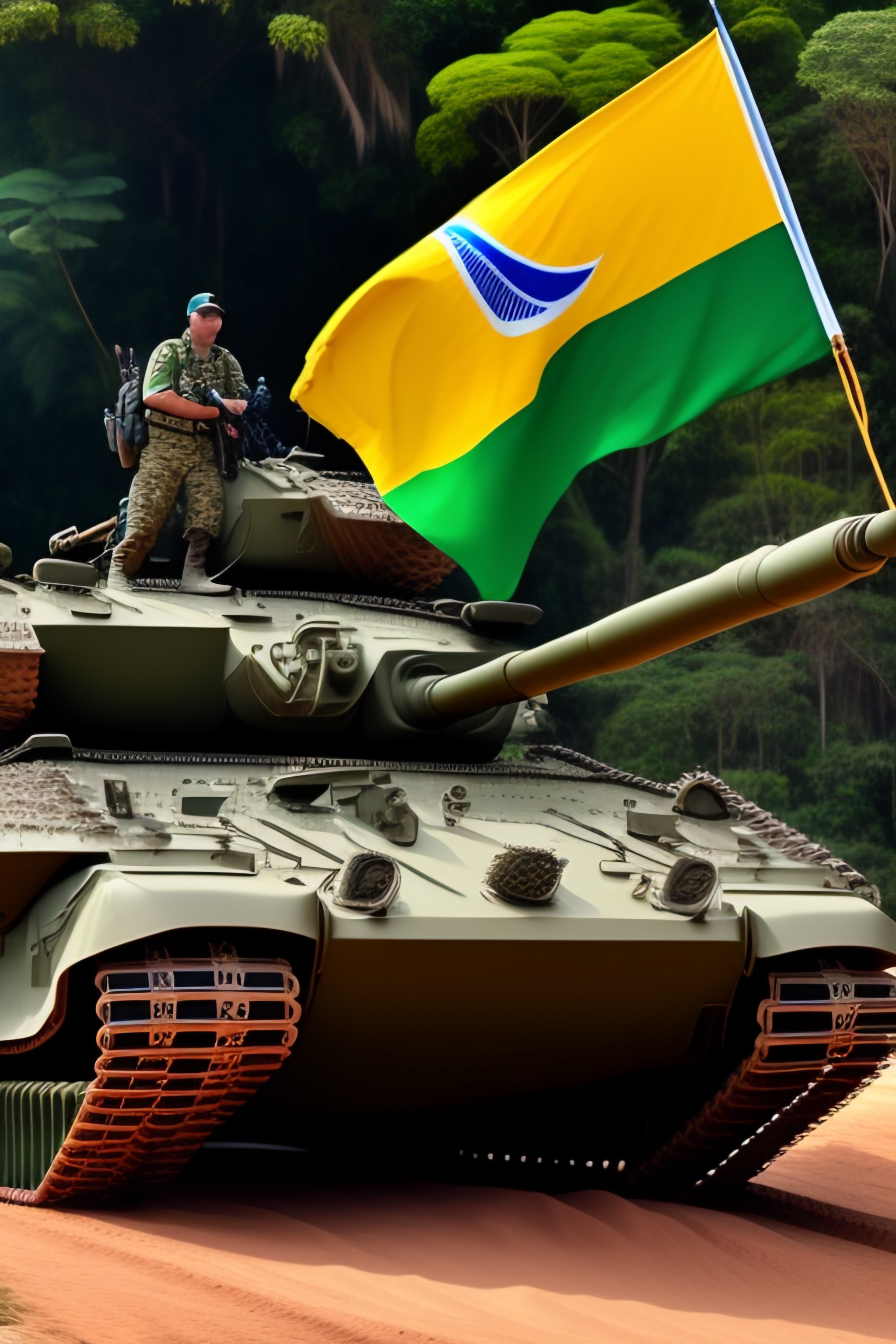 Lexica - Jair Bolsonaro over a military tank with a Brazil Flag paint ...