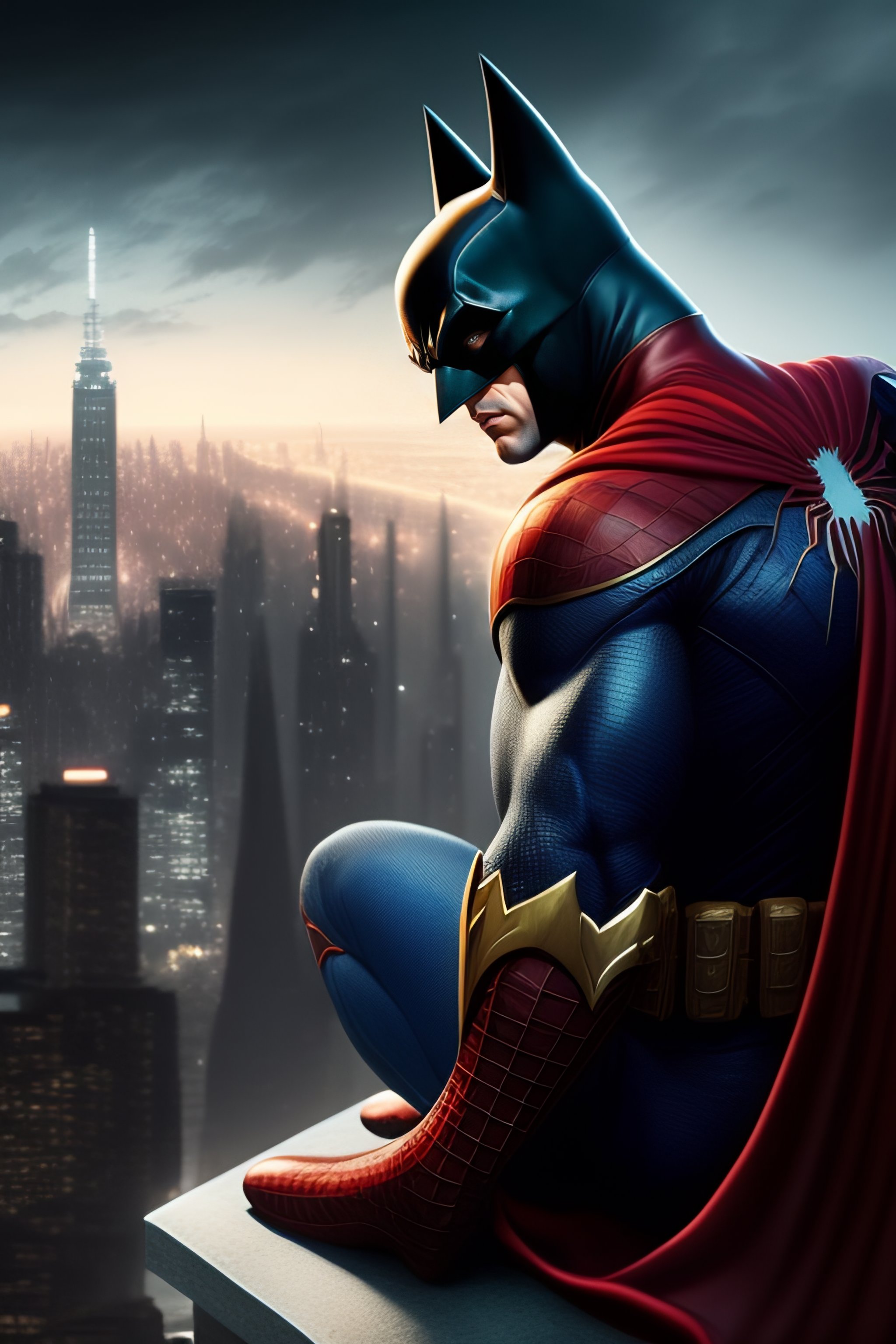 Lexica - Batman sitting on a roof looking down at a city below, wearing ...