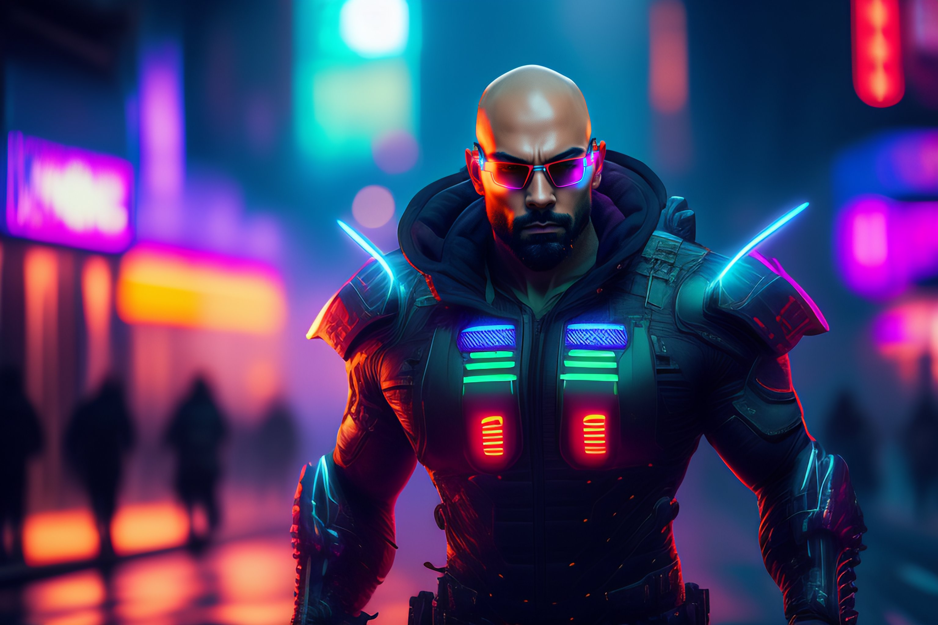 Lexica - Action shot of a bald cyberpunk man with cyberneticaly ...