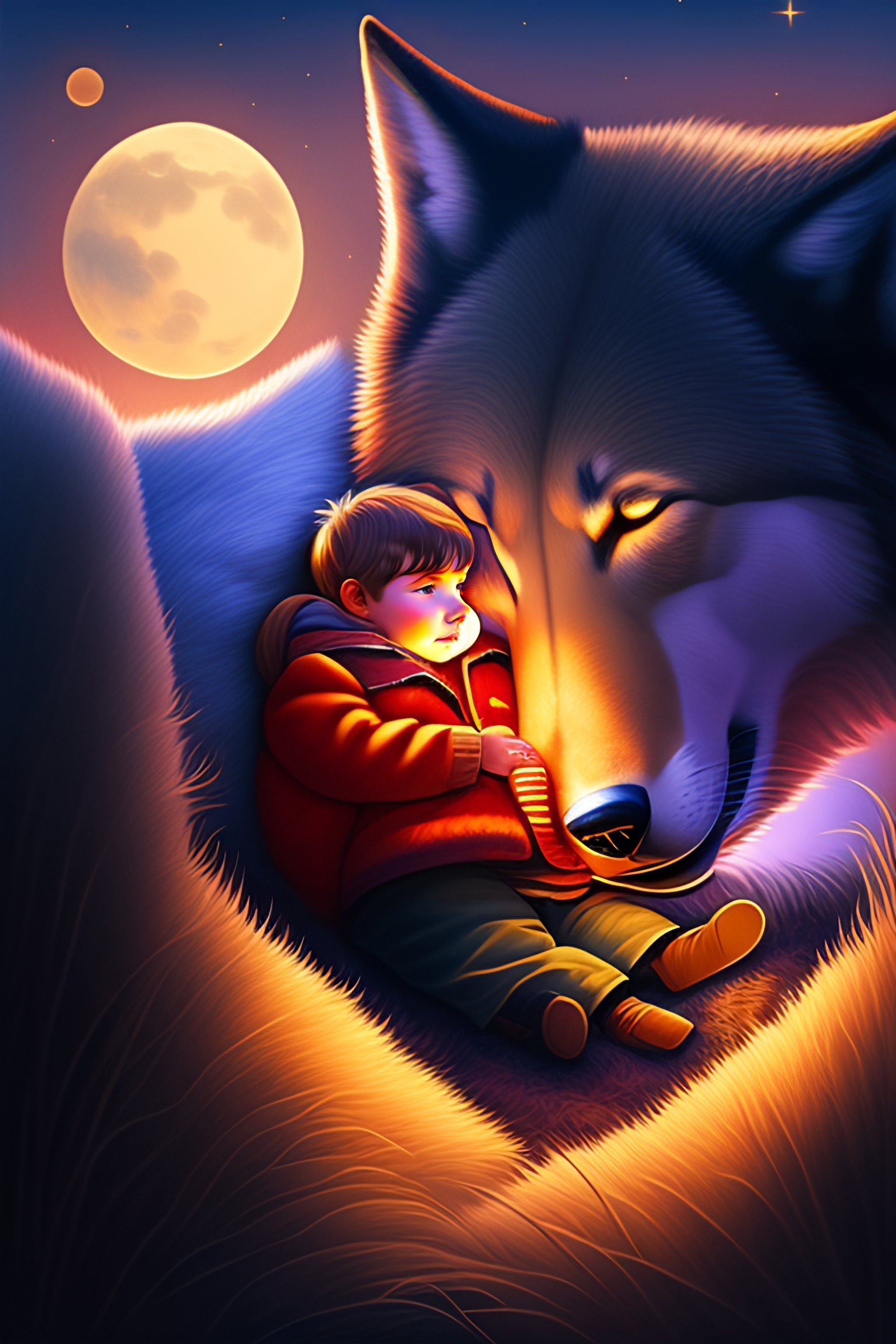 Lexica - Little boy and the wolf together laying down, book cover ...