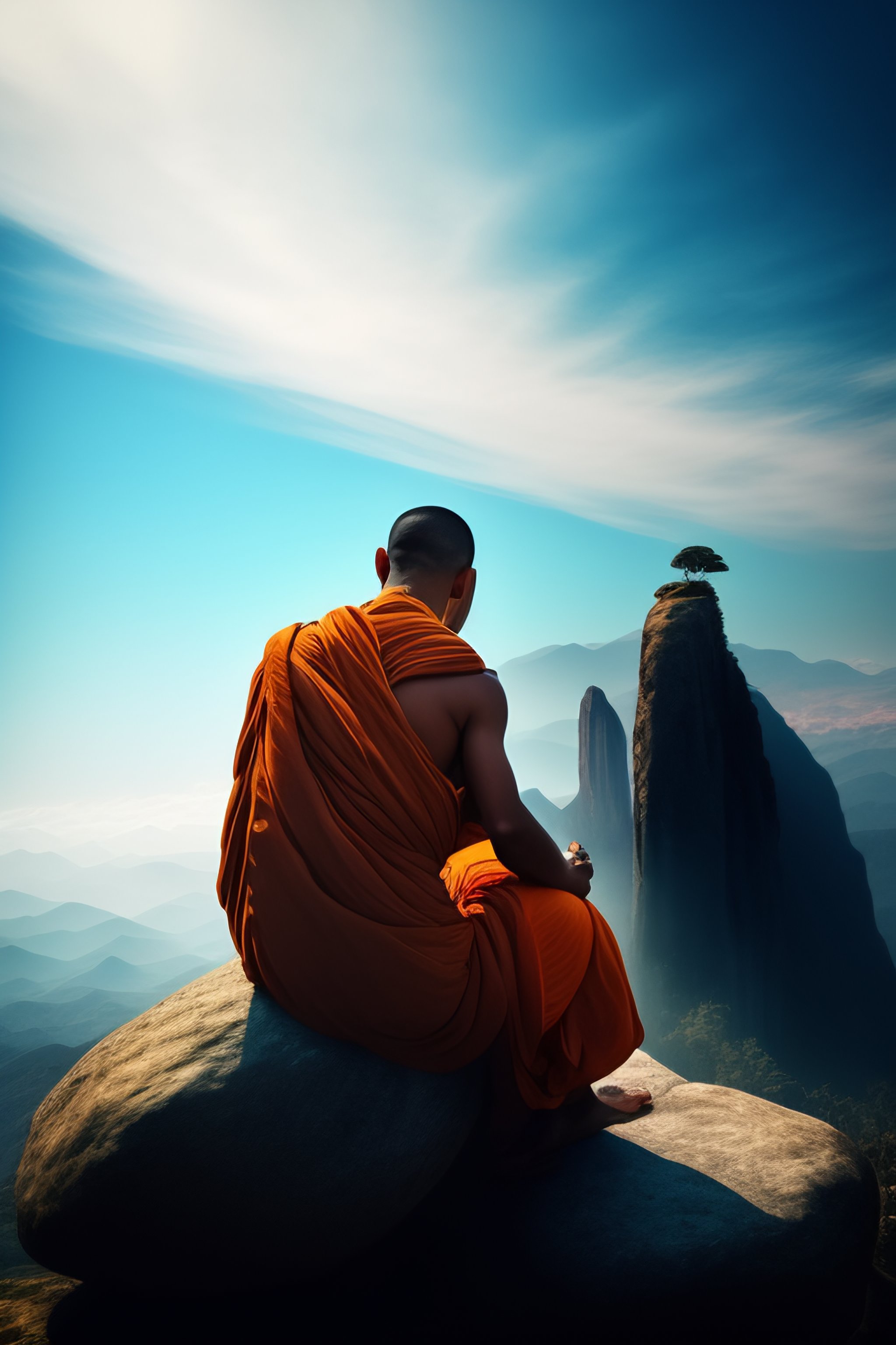 Lexica - A monk sit on a rock and look at sky full of hope