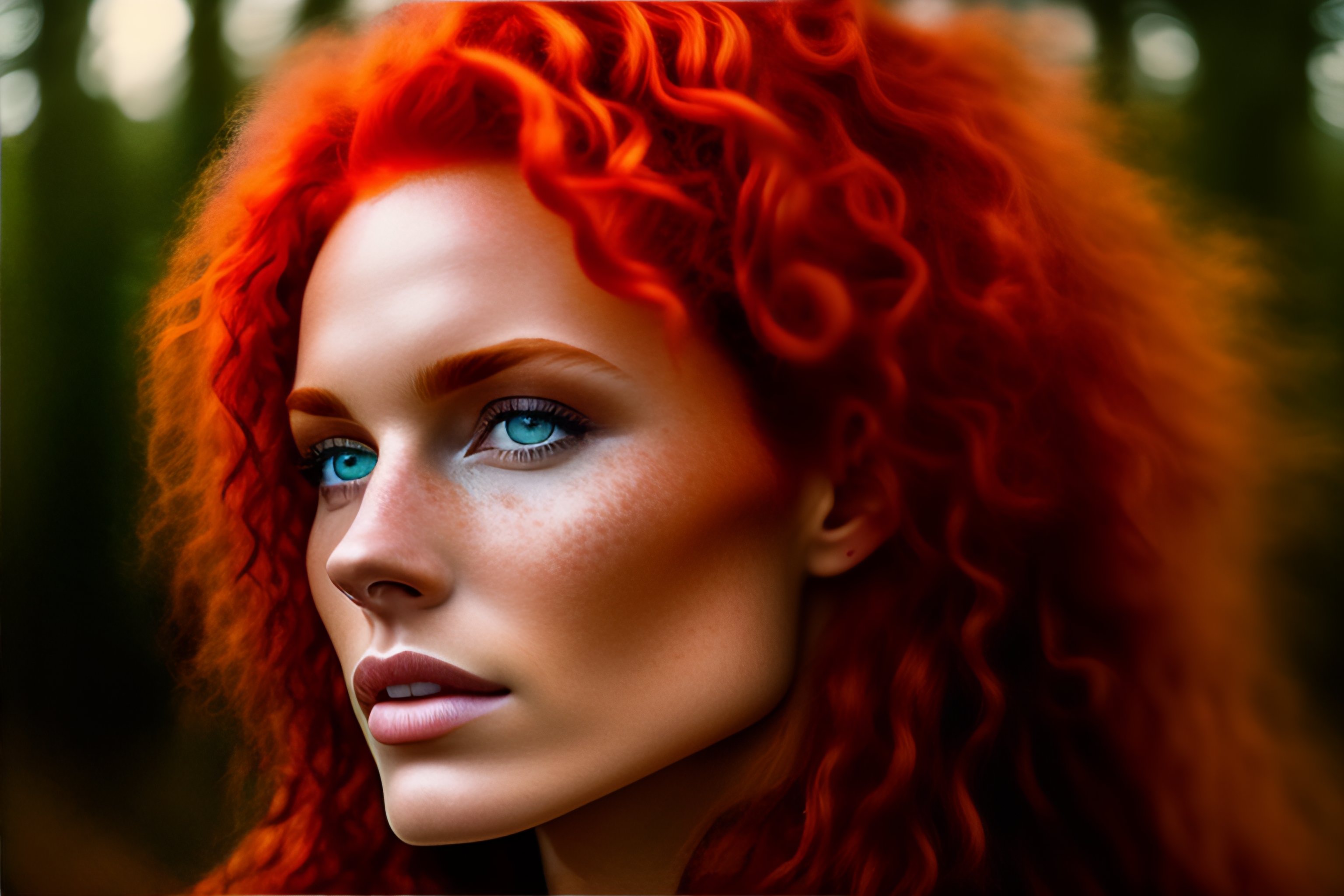 Lexica Redhead Wild Hair Orange Eyes Freckles Forest Woman