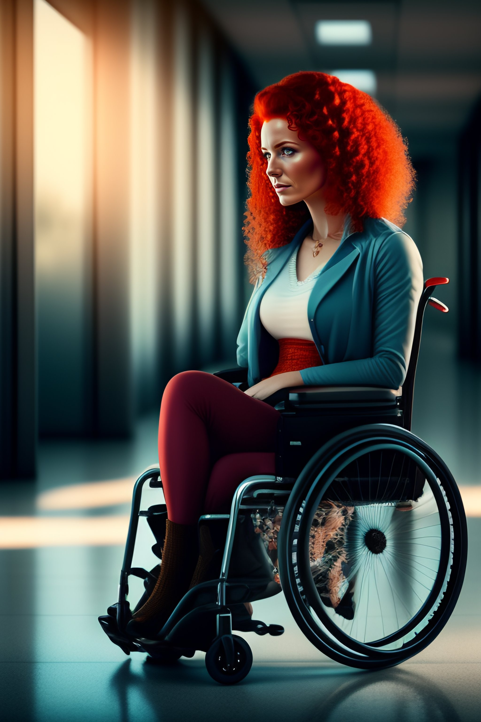 Lexica - Woman 30 years old, redhead, curly hair, scared look, sitting ...