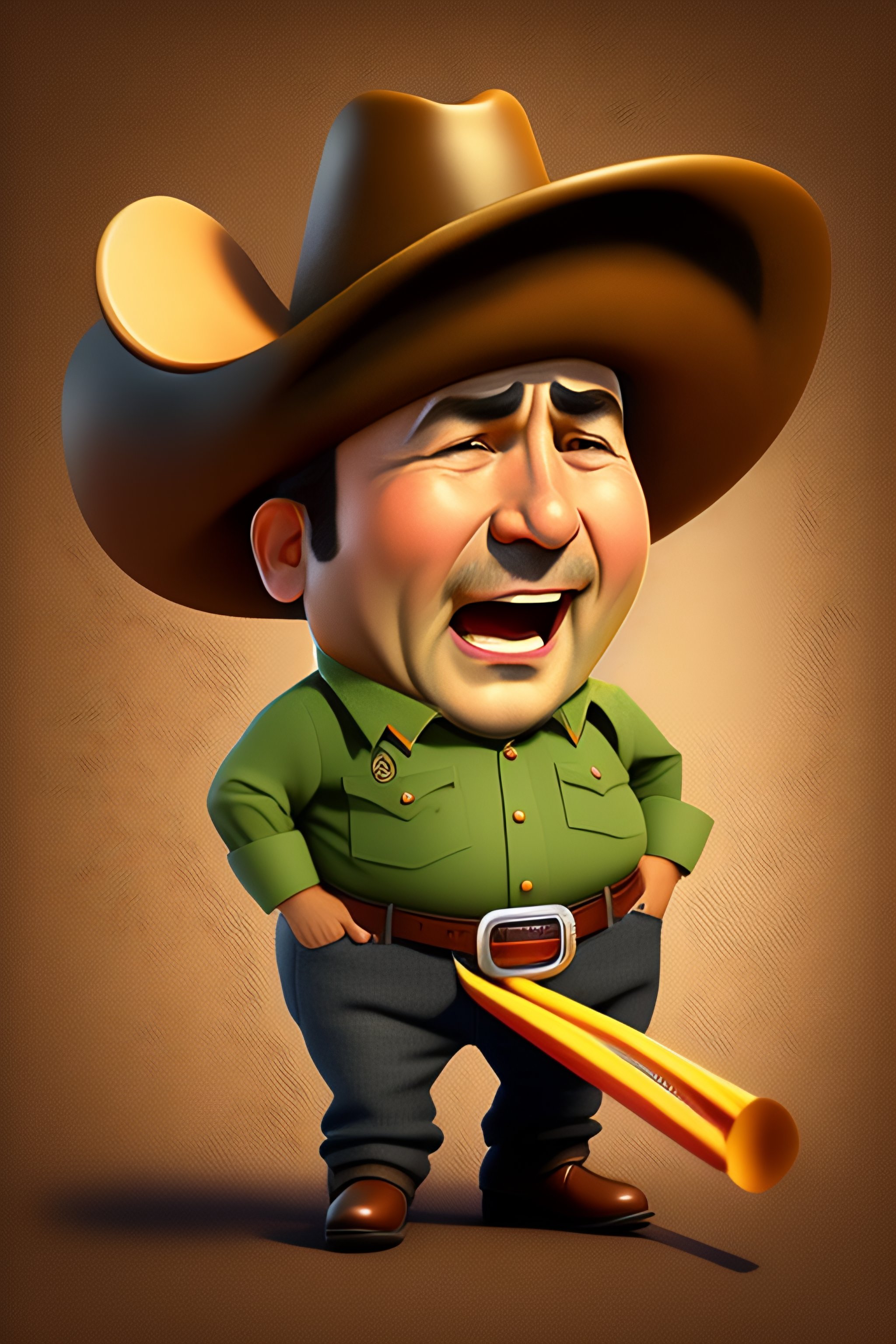 Lexica - A rounded head cartoony character with a cowboy hat chewing a ...