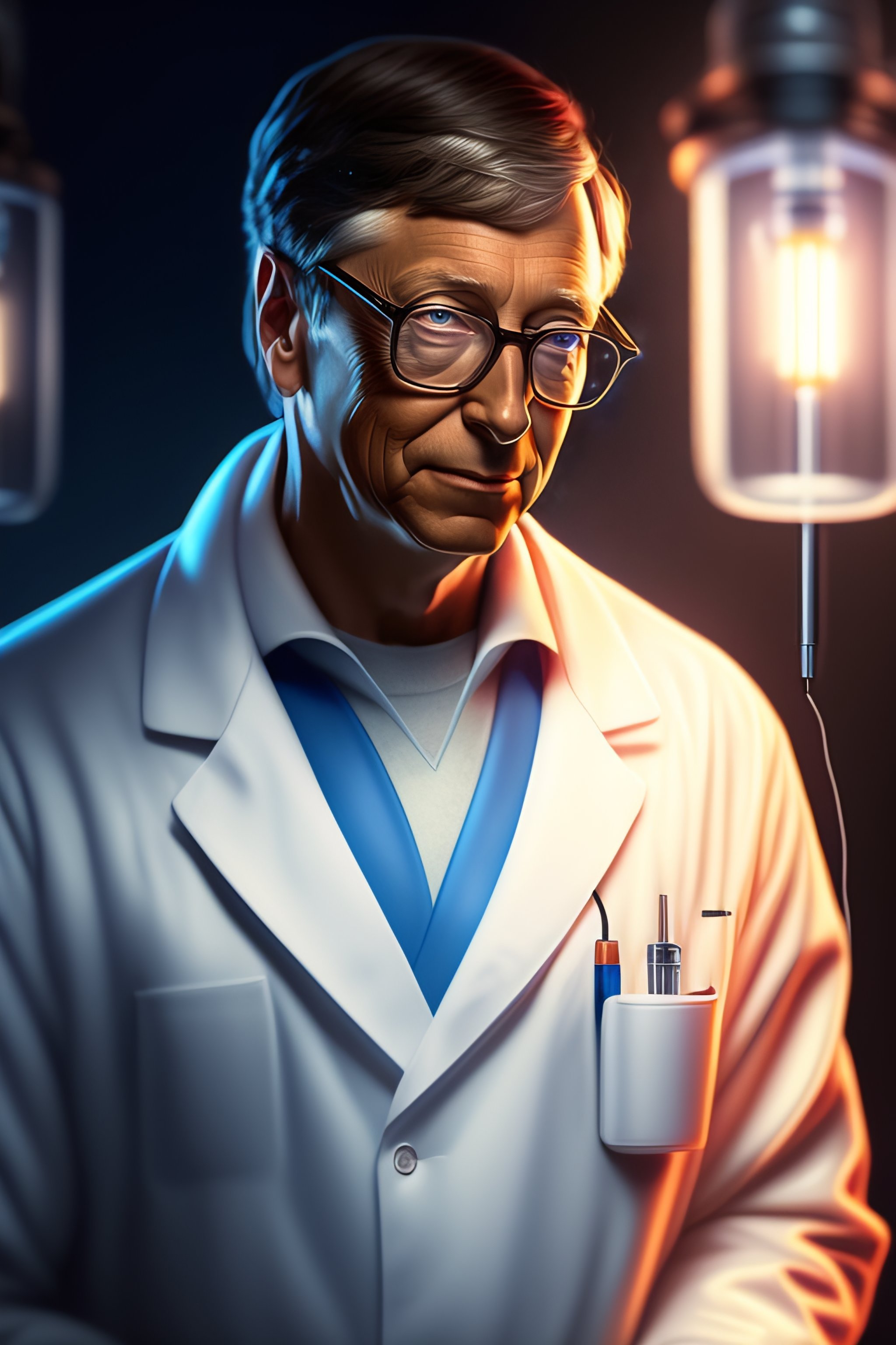 Lexica - Bill Gates, Lab Coat, Holding Needle, Looking Evil, Cinematic ...