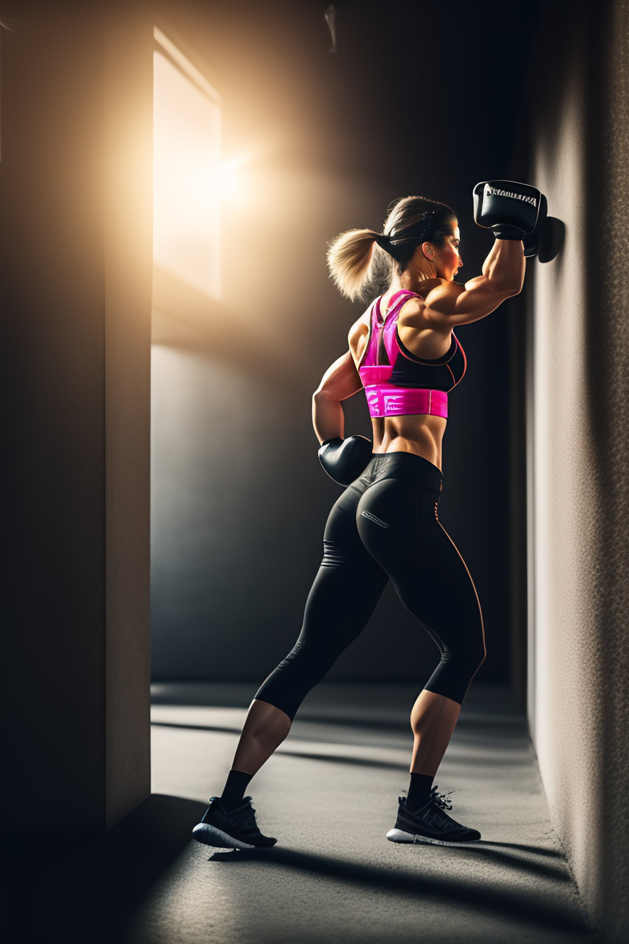 Lexica - A woman bodybuilder punching through concrete wall