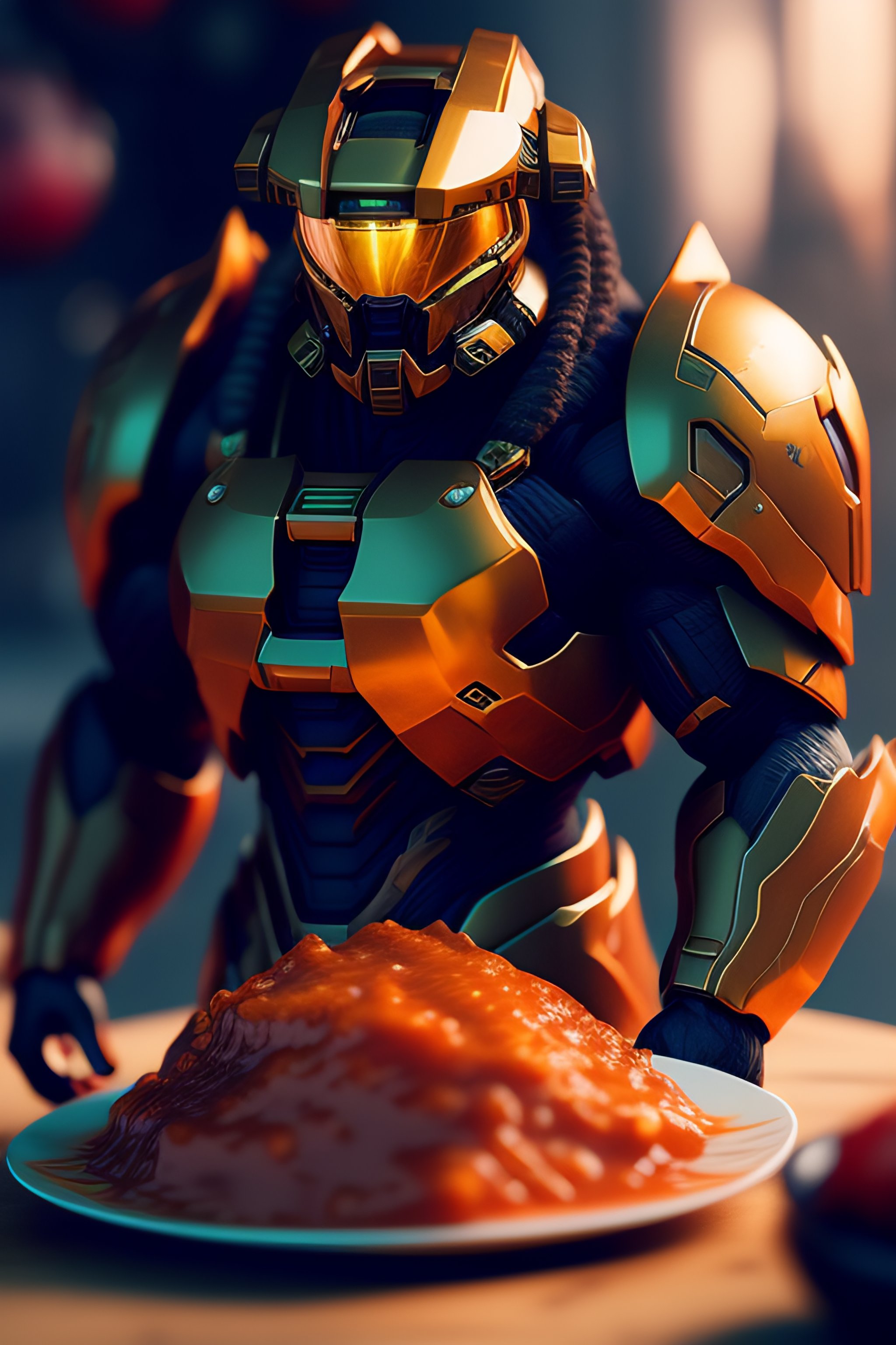Lexica - Master Chief (halo), eating pasta with red sauce, male, strong ...