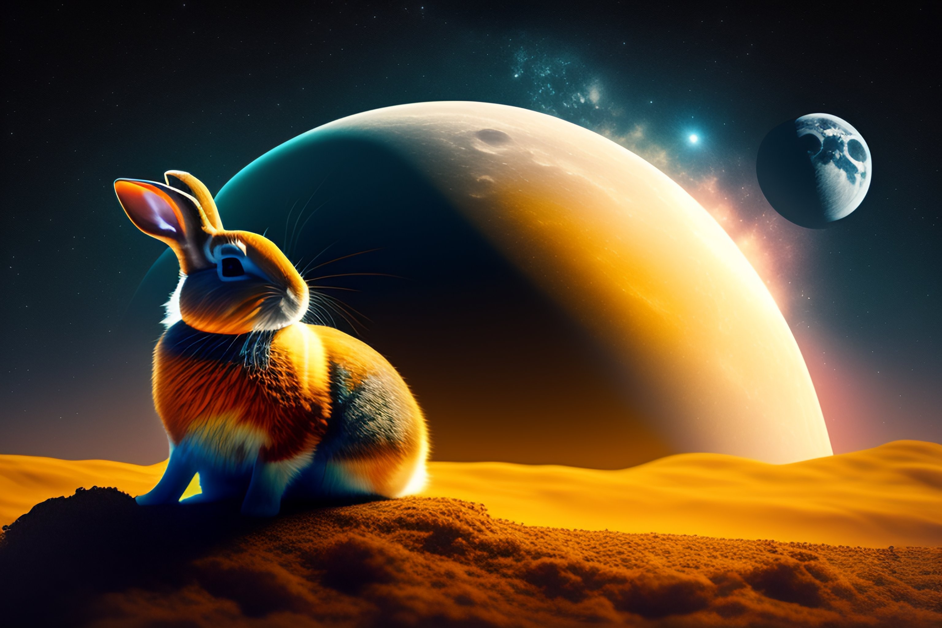 Lexica - Rabbit in spacesuit standing on the moon holding m16