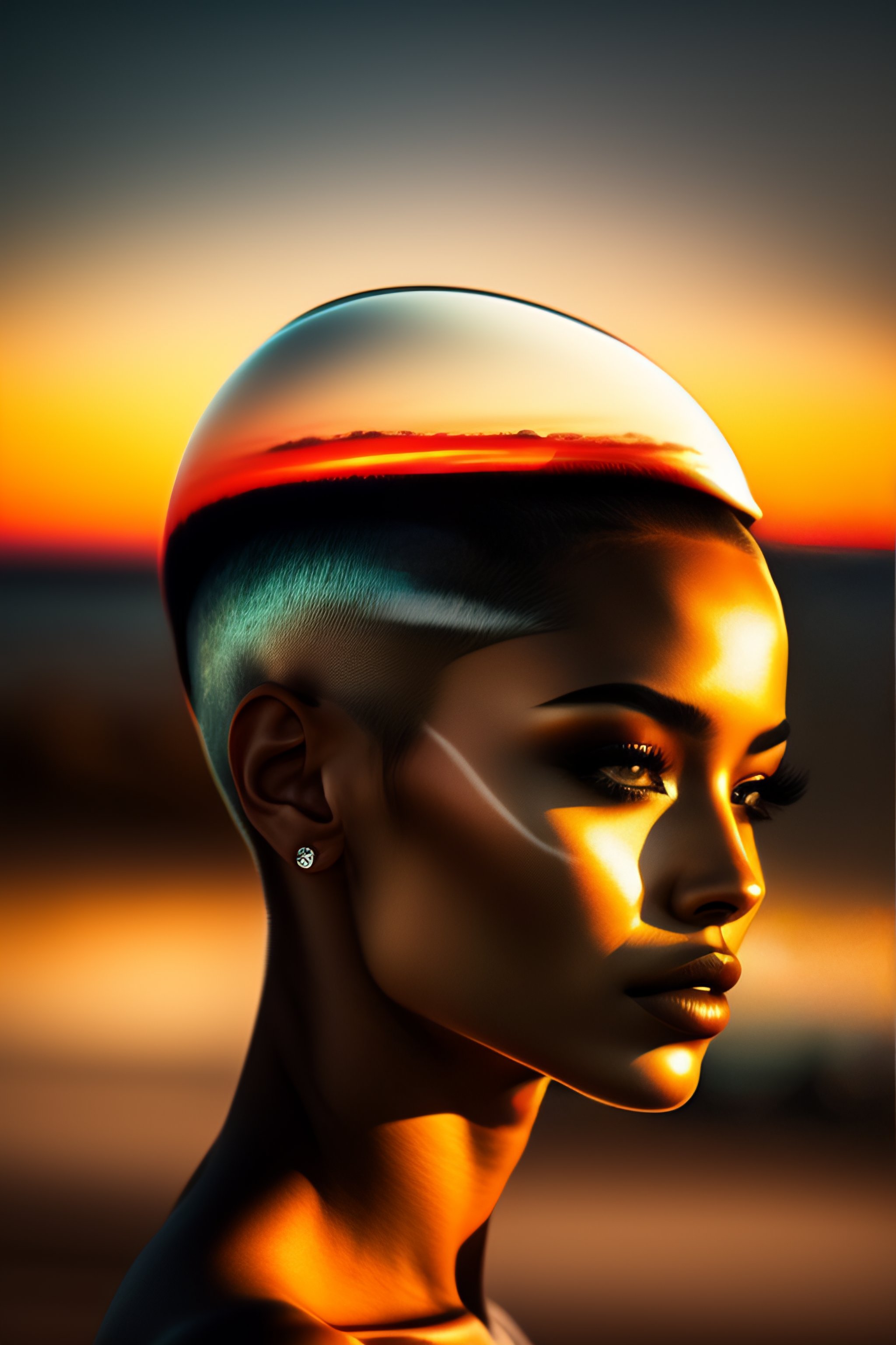 Lexica - Chrome skin girl with buzzcut staring at the sunset