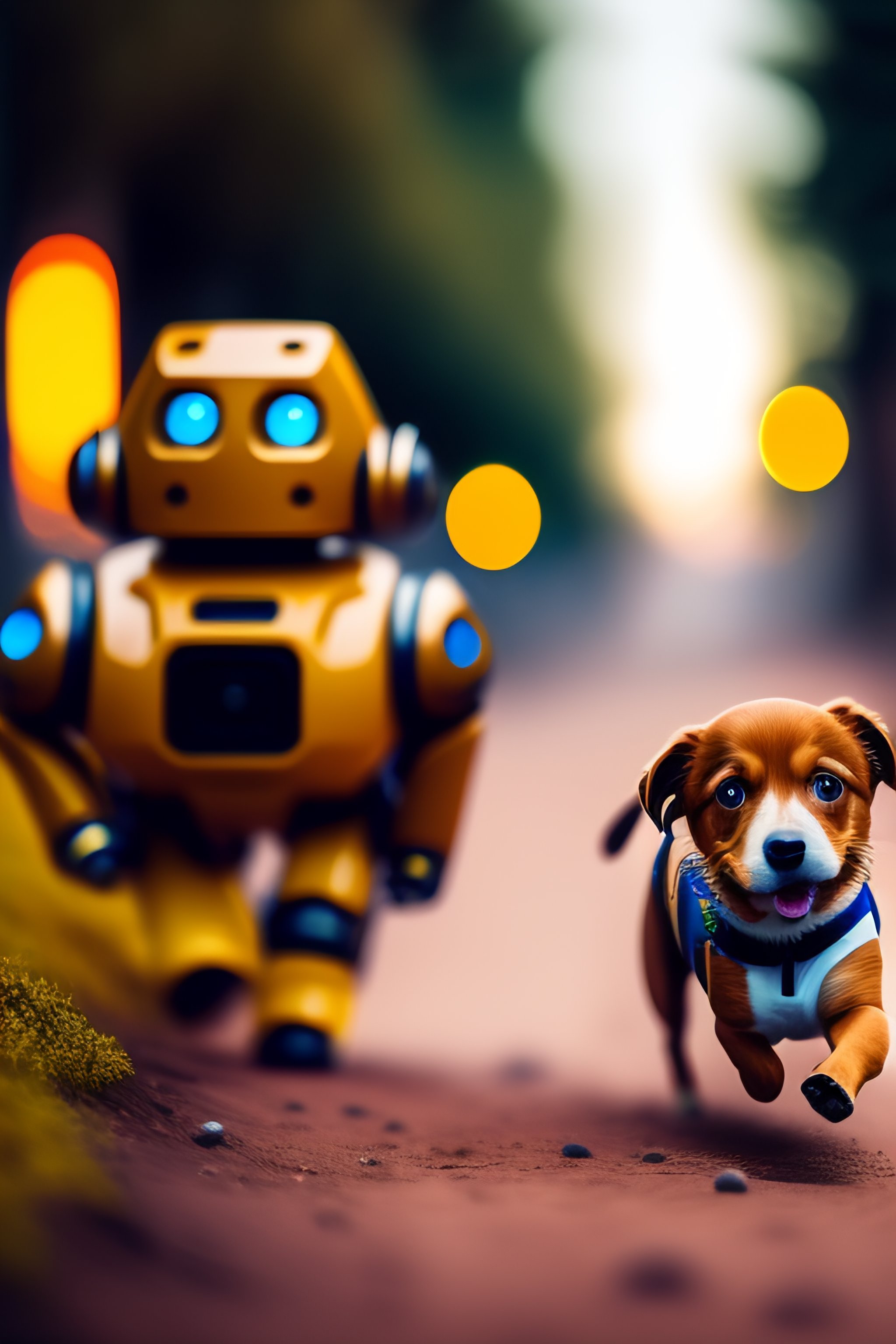 Lexica - Small brown dog robots, running to boy and girl robot owners