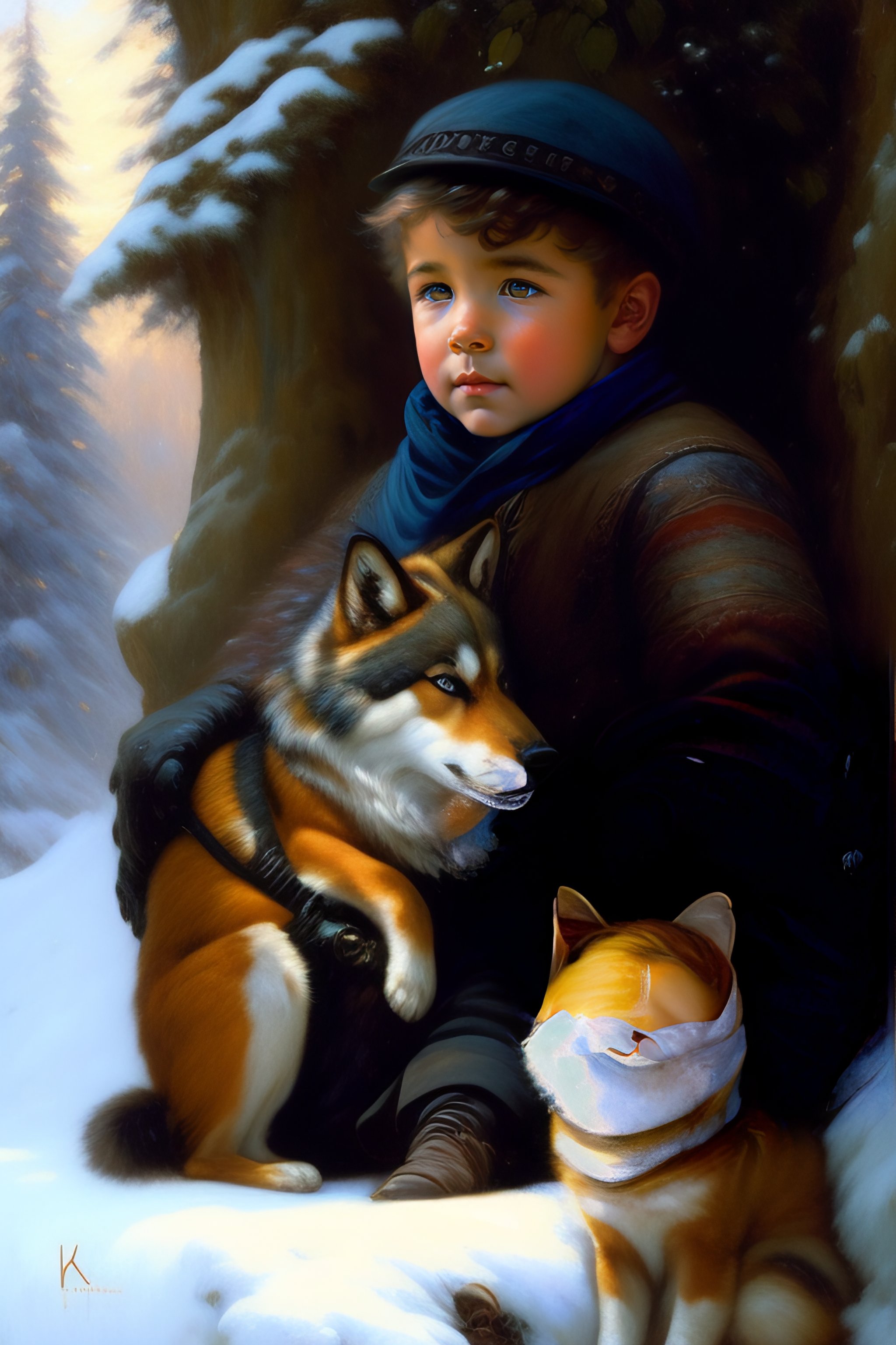 Lexica - A cinematic portrait of a little boy and a big wolf, portrait ...