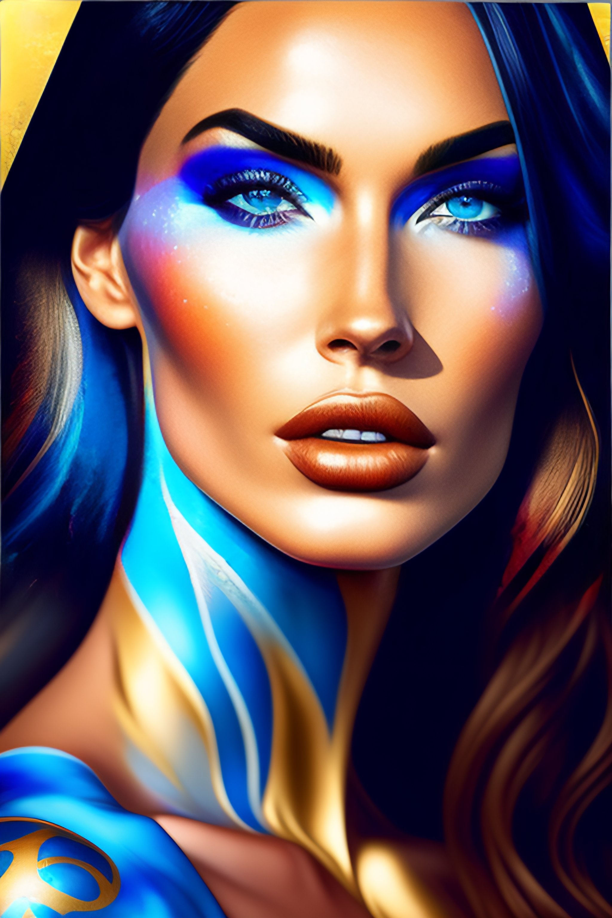 Lexica - Megan fox closeup of face fully painted in blue with golden ...