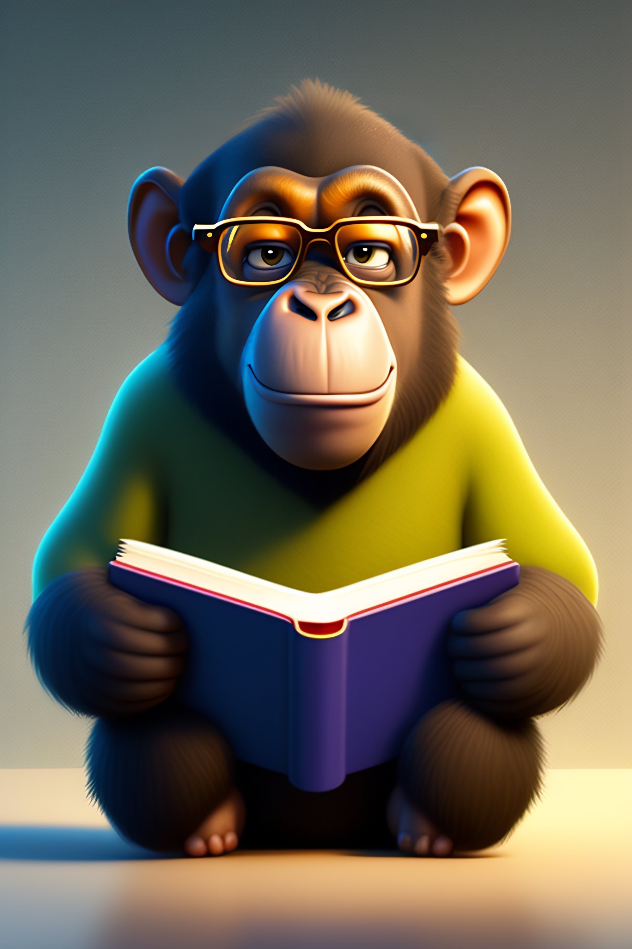 Lexica - Pixar art of a funny smiling ape reading a book with glasses