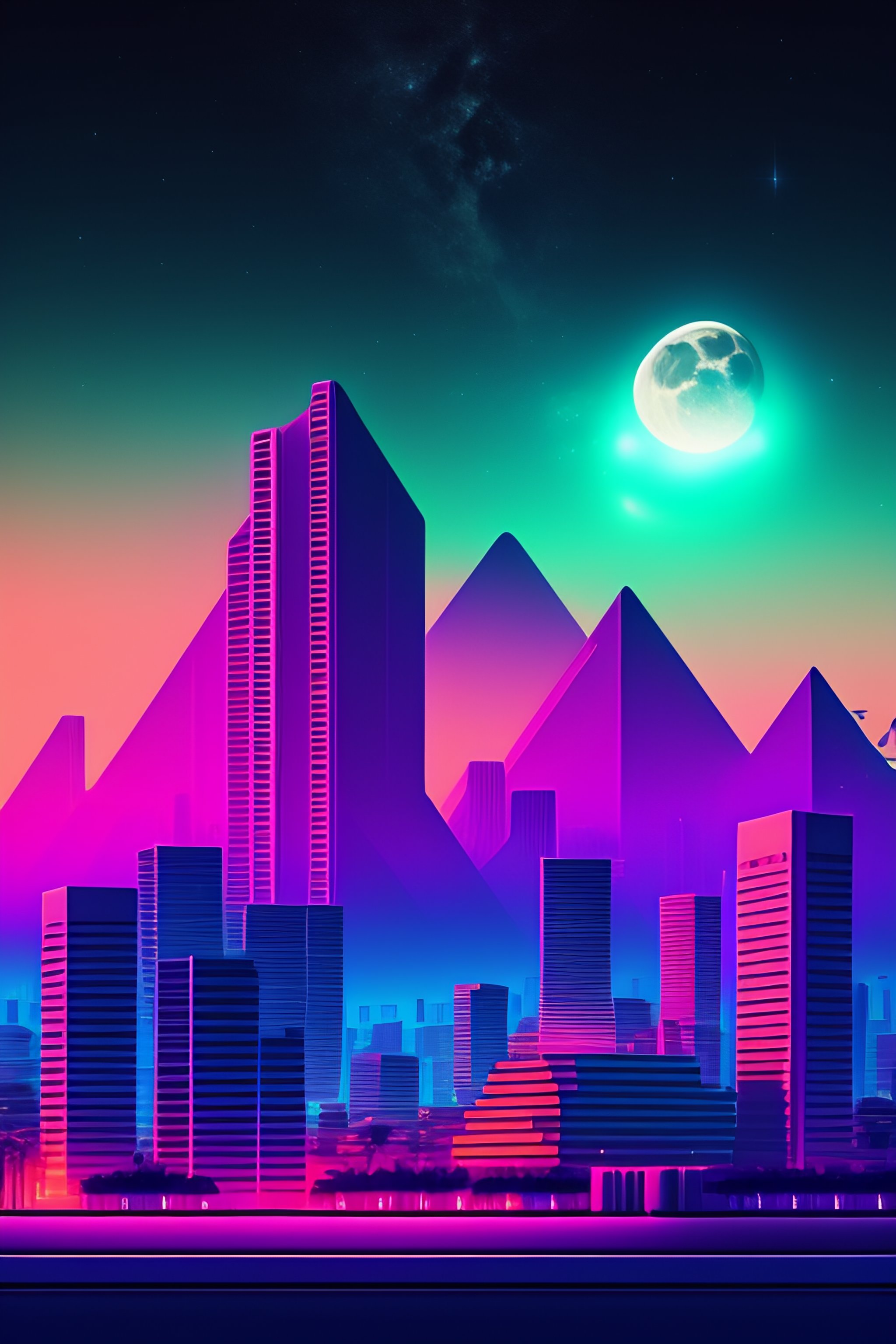 Lexica - Synthwave town with moon background, sharp focus,