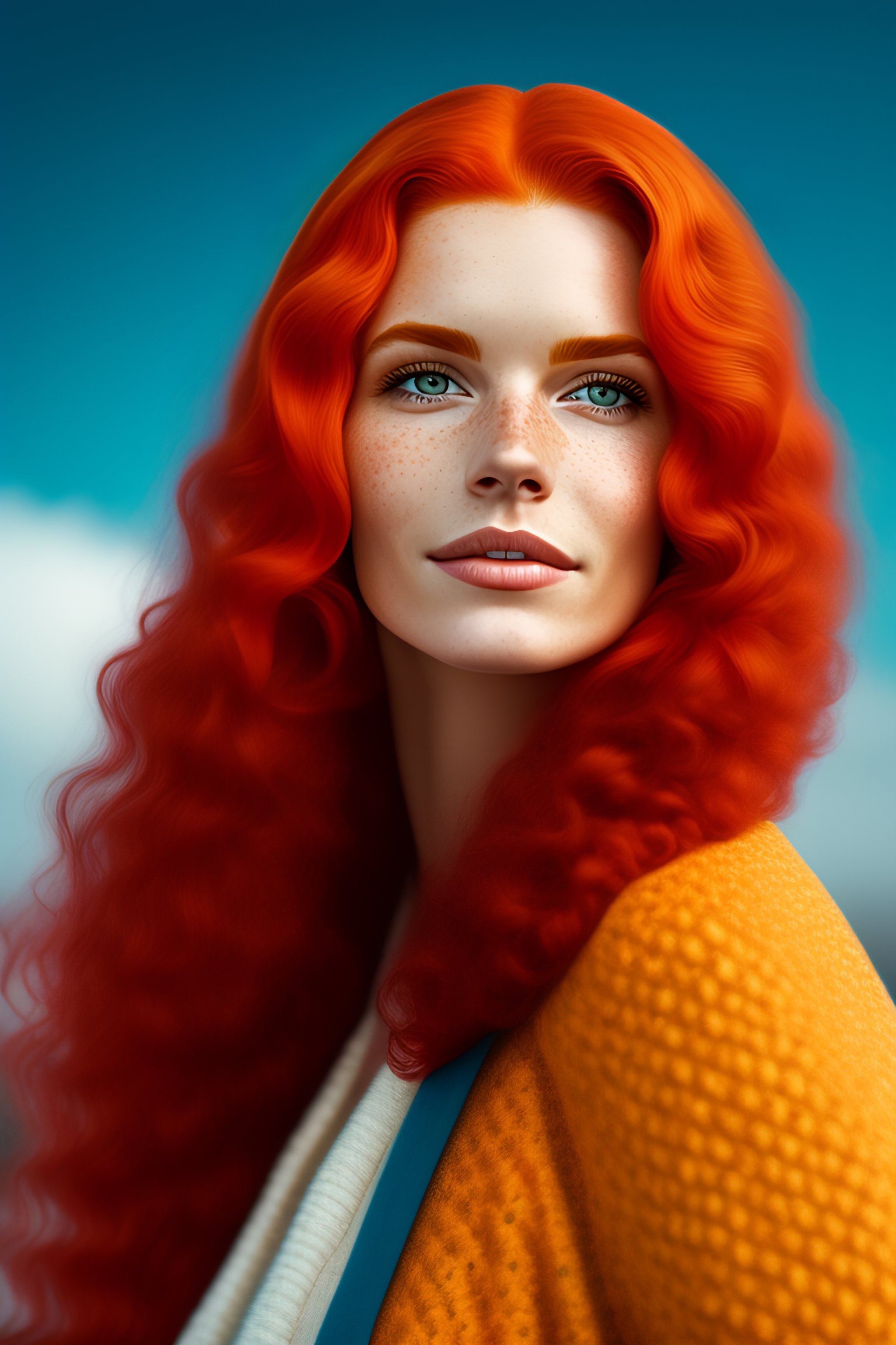 Lexica - Portrait a realistic lady with freckles and red hairs jumping