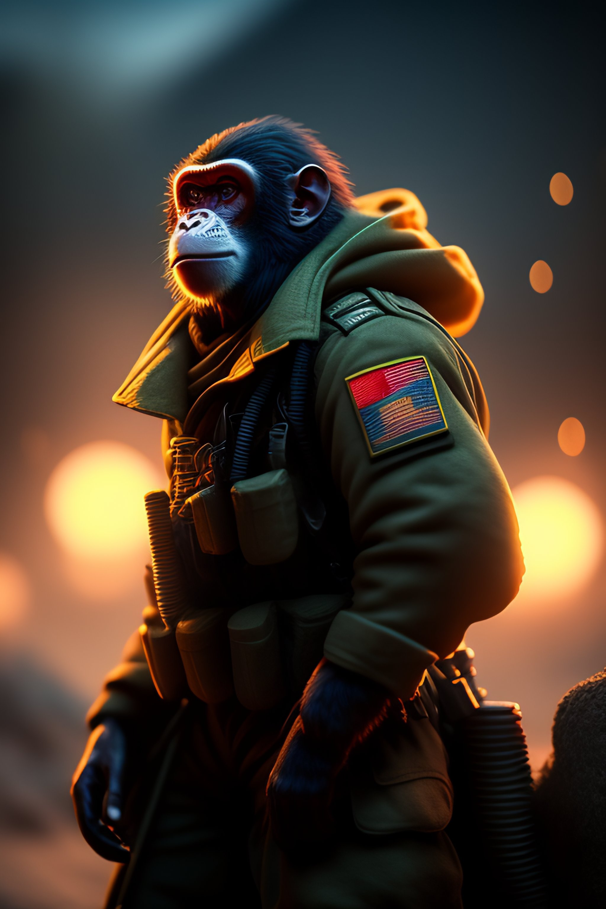 Lexica - An exhausted monkey at the frontlines in the army at night ...