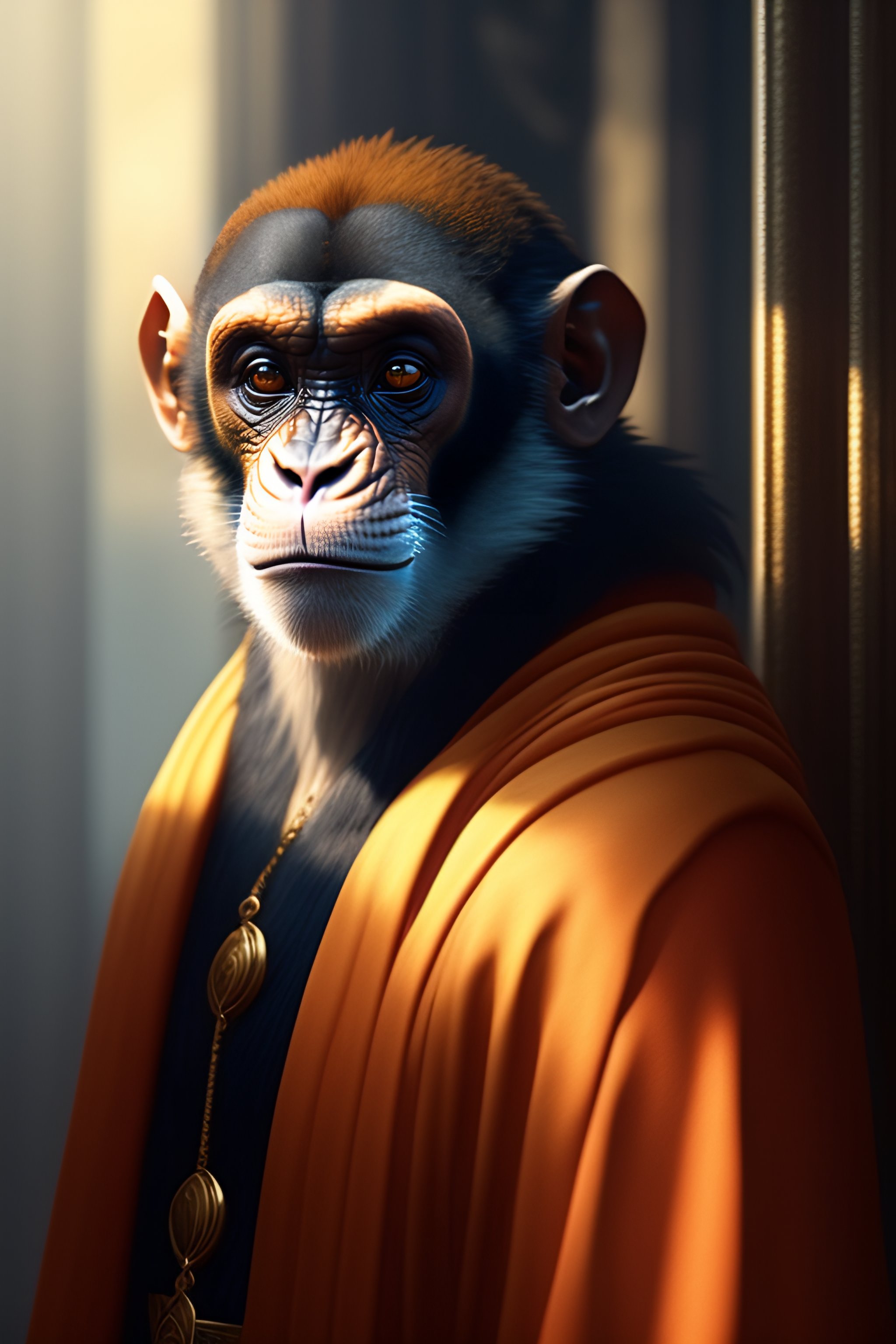 Lexica - Game character, long rod, monkey on shoulder, cloth robe, wire ...