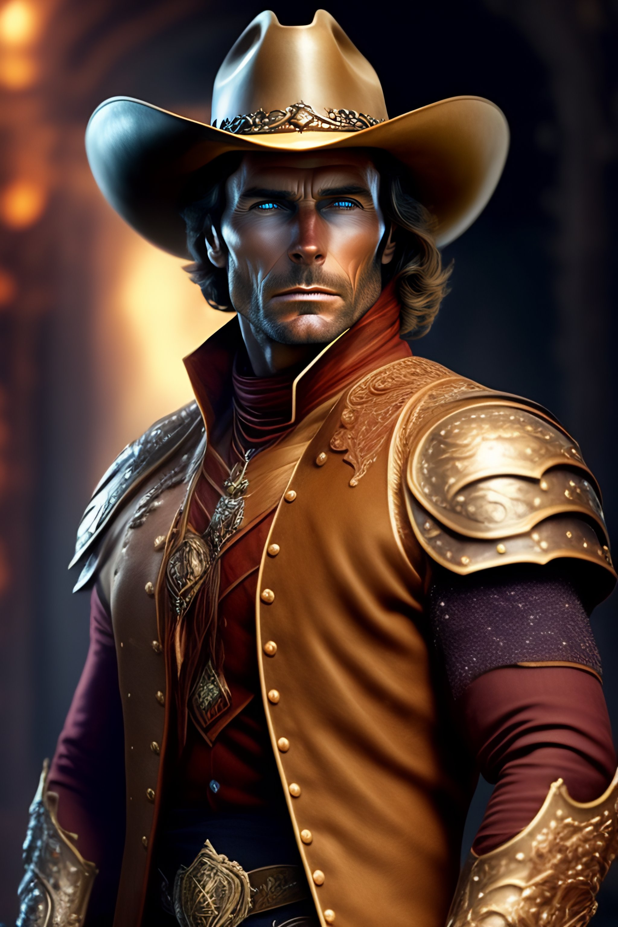 Lexica - Male spellslinger cowboy, in fantasy light armor. He looks ...