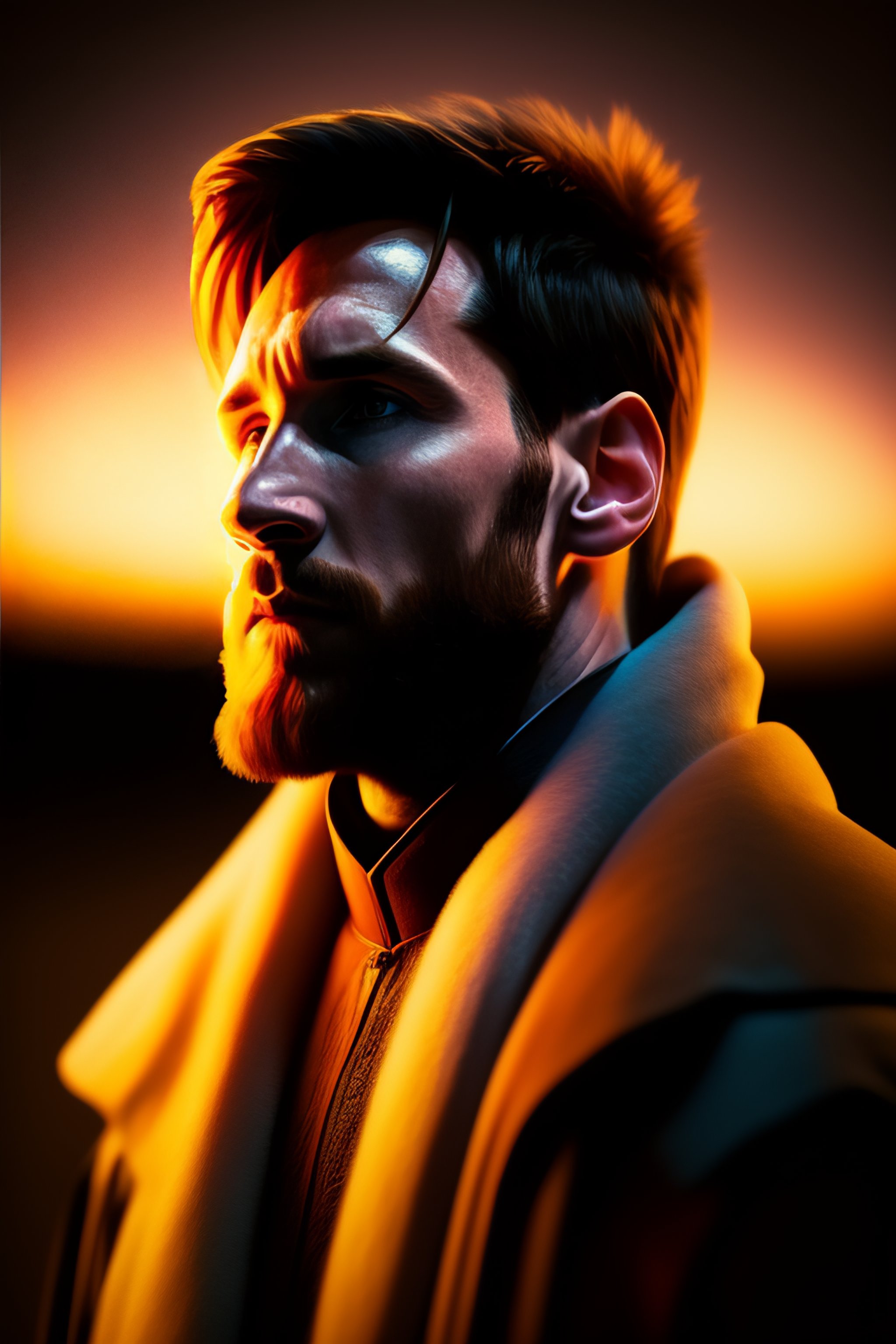 Lexica - Lionel Messi as Obi Wan Kenob, Dark Lighting, Cinematic