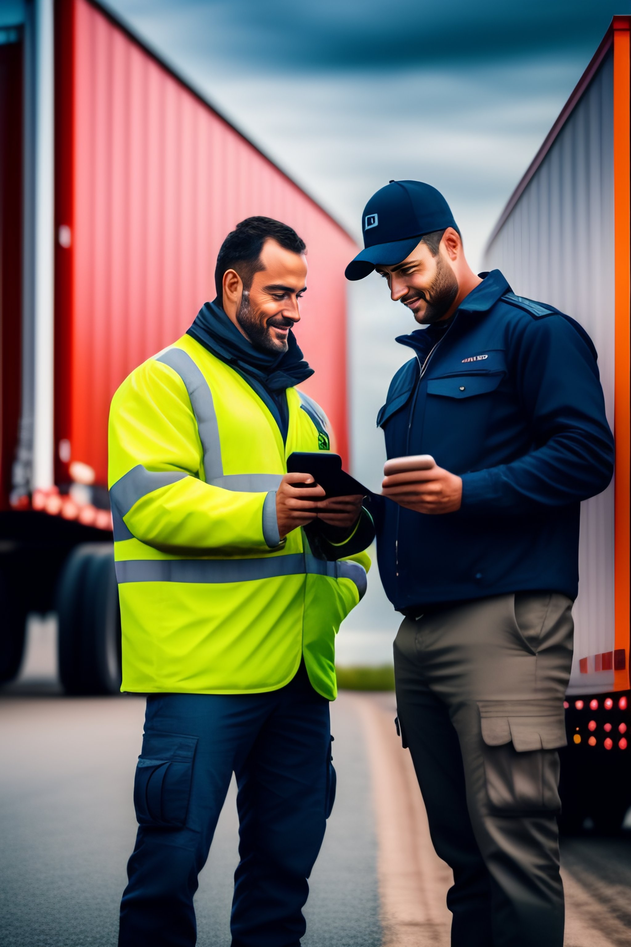 Lexica - Two truck driver working with a smartphone in front of a ...