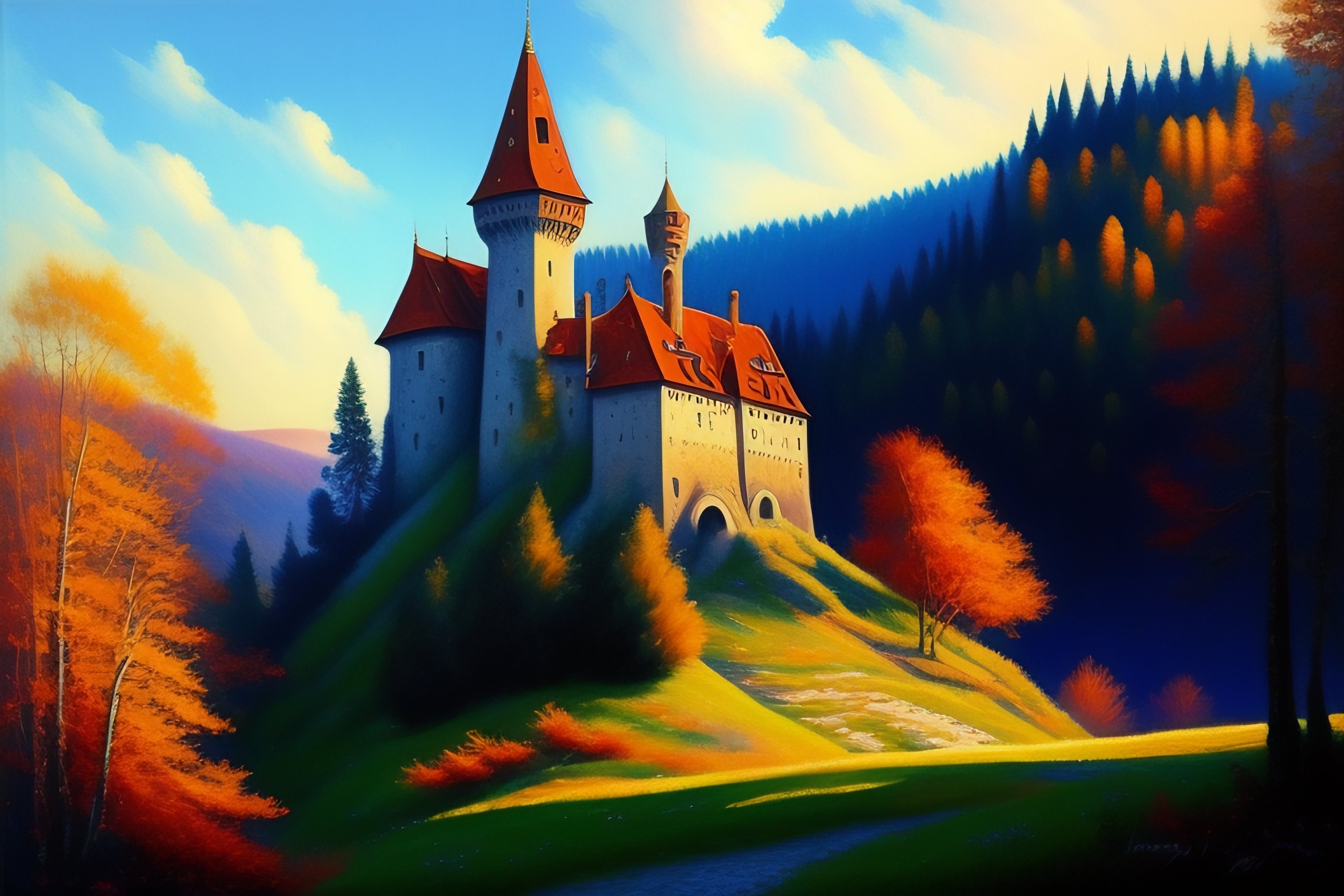 Lexica - Painting of a castle in transylvania, pointilist