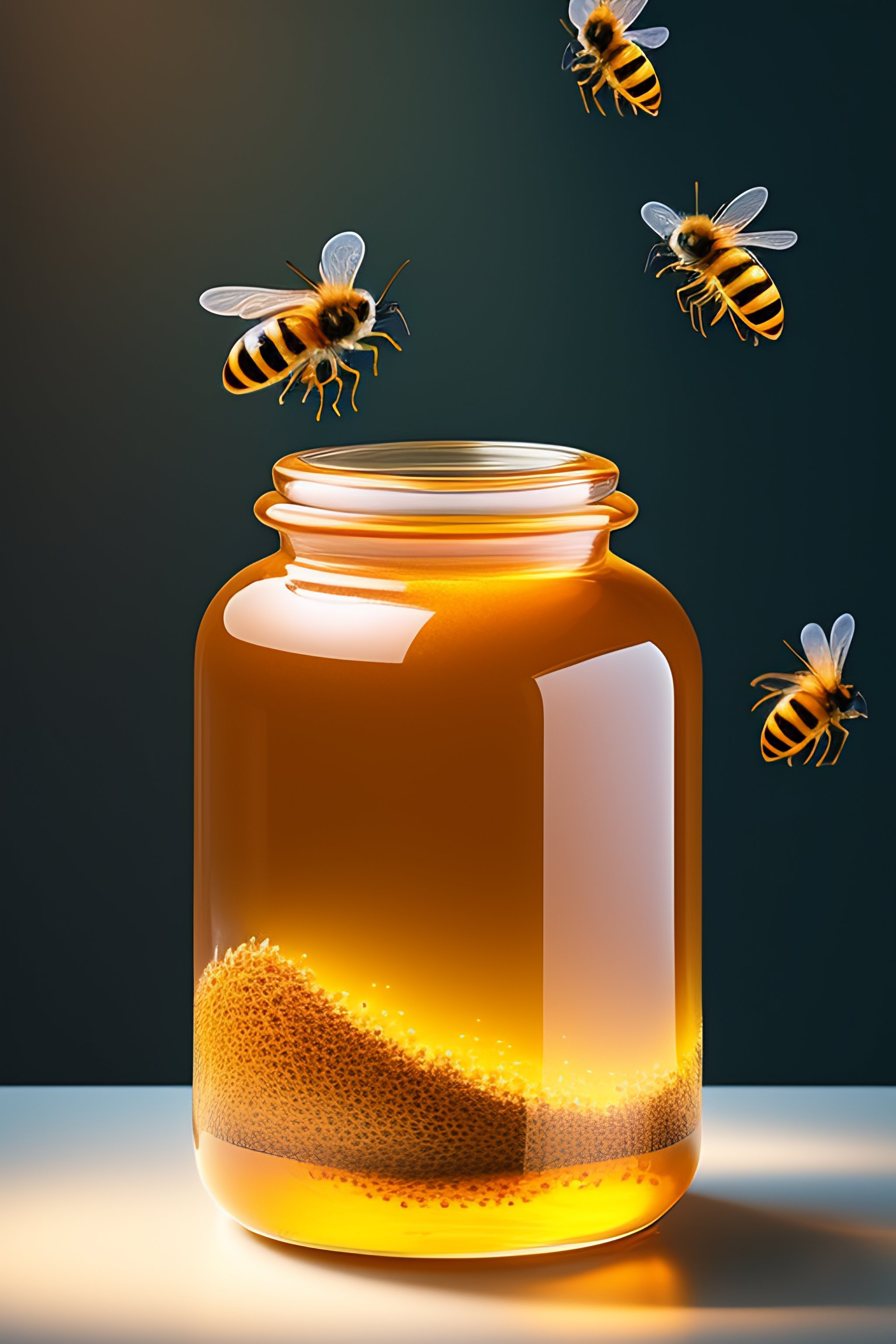 Lexica - Honey jar with bees flying around