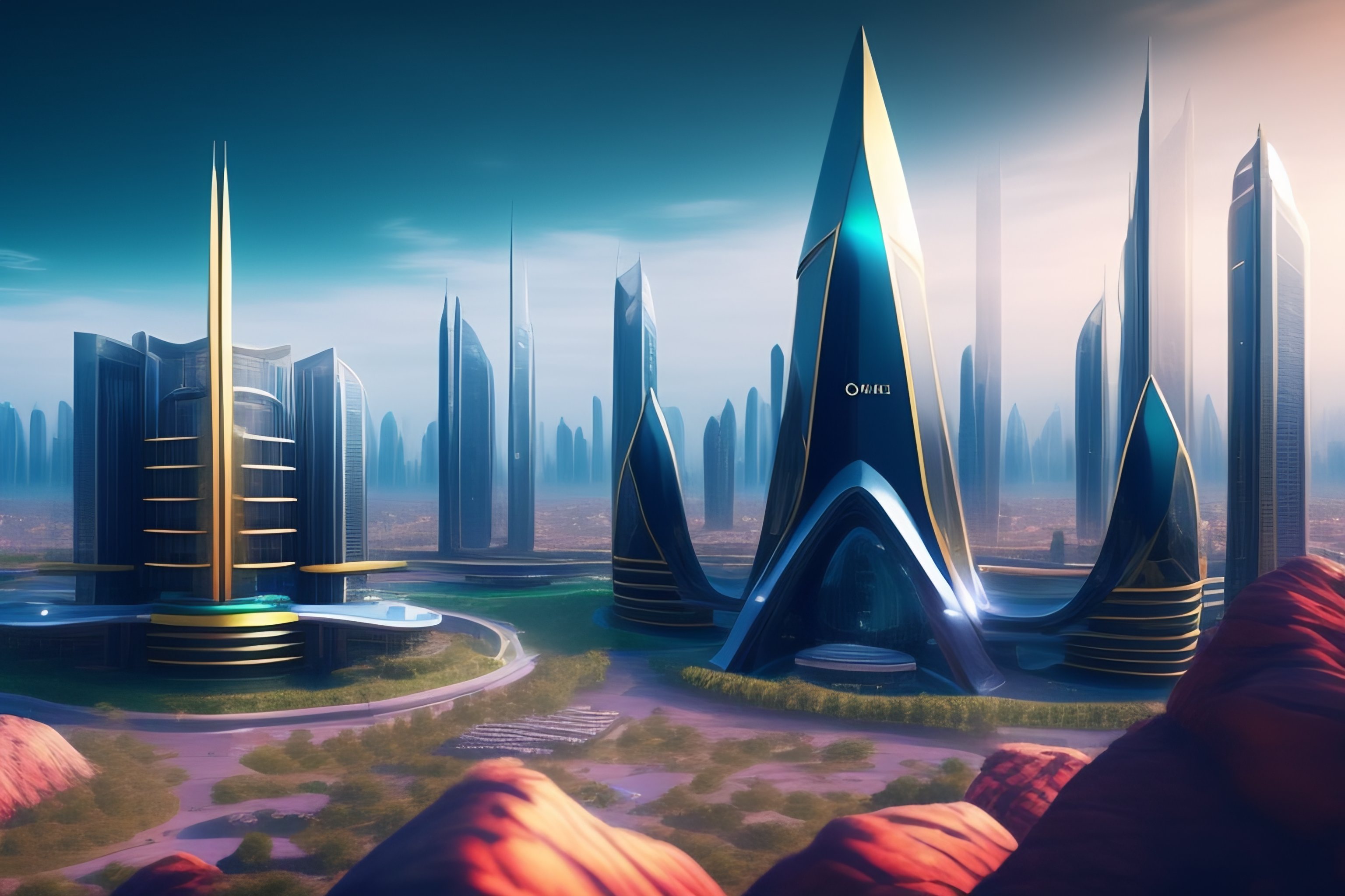 Lexica - Ethereum logo in a virtual futuristic city with buildings and ...