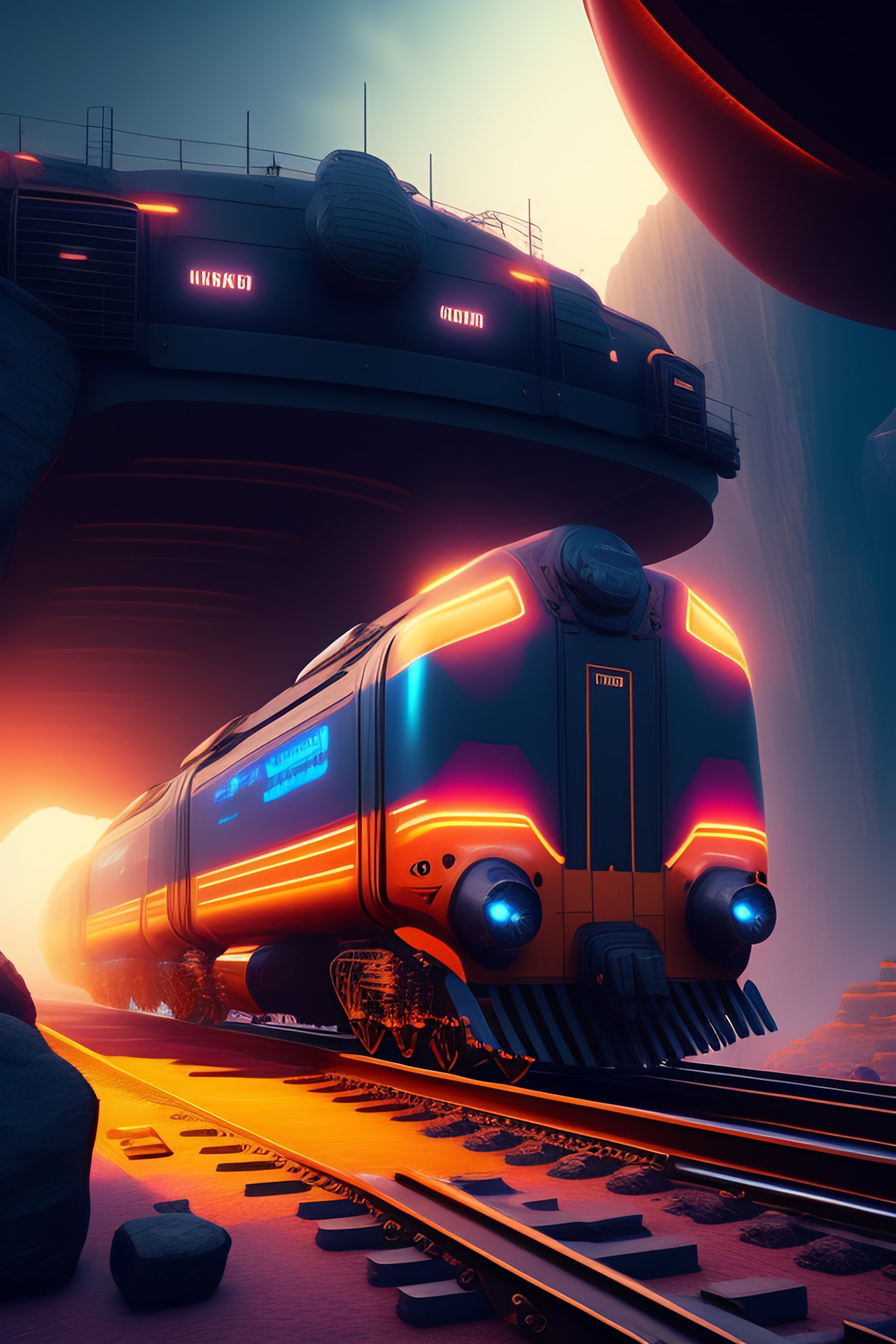 Lexica - Cyberpunk locomotive on railroad through underground caverns ...
