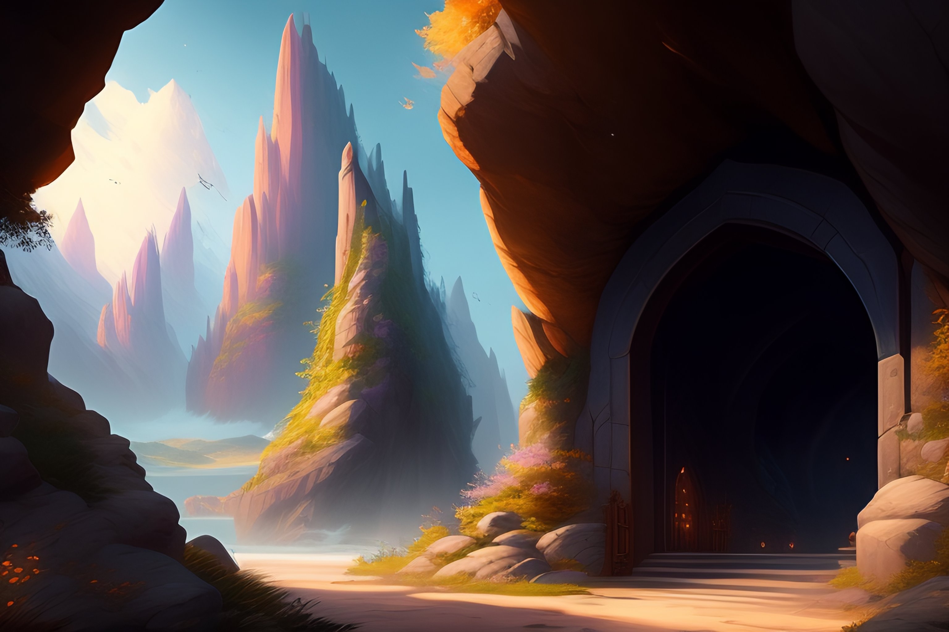 Lexica - Exterior of cave entrance, medieval, high fantasy capital city ...