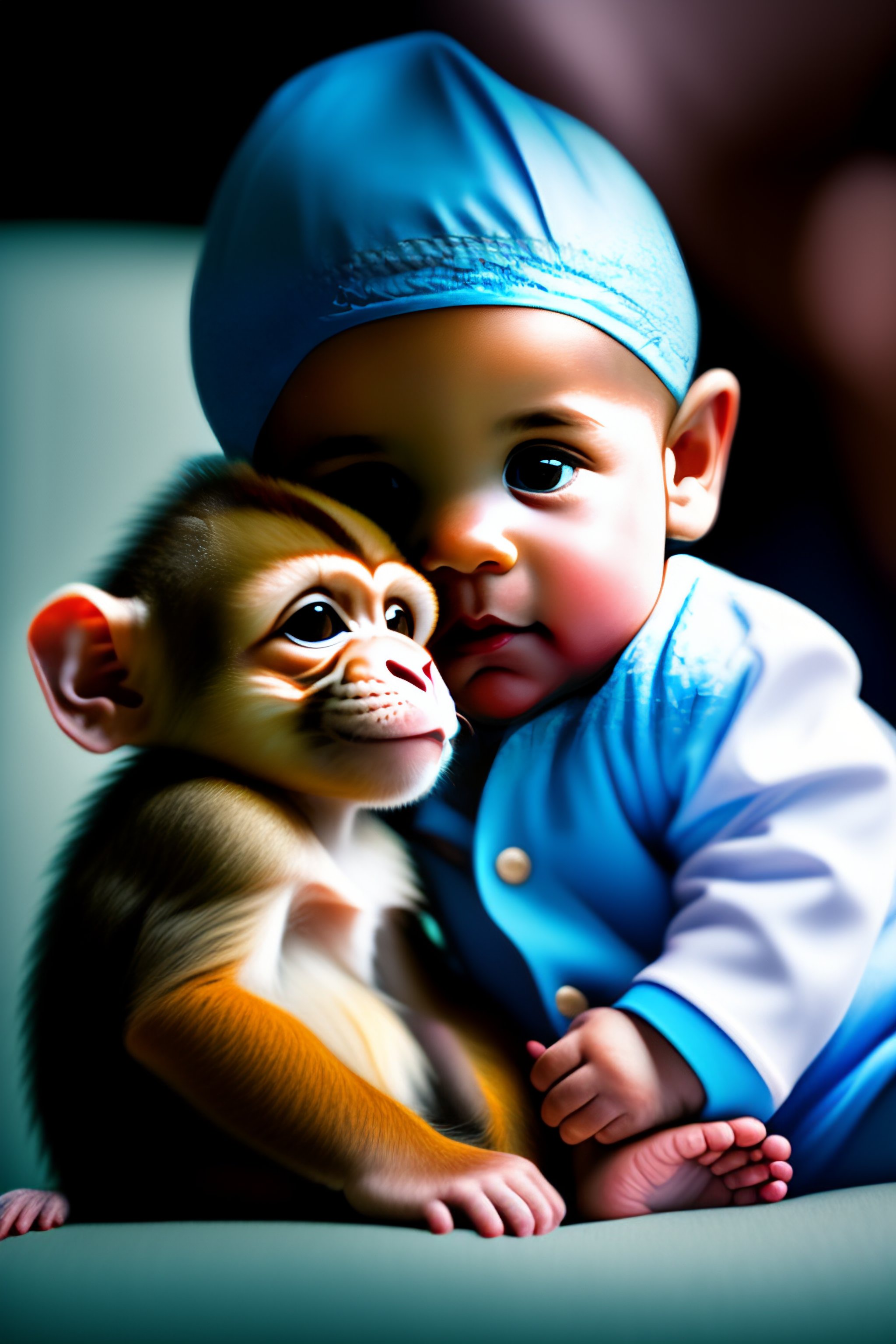 Lexica - Baby boy and a baby monkey sit a shiny surface while men ...