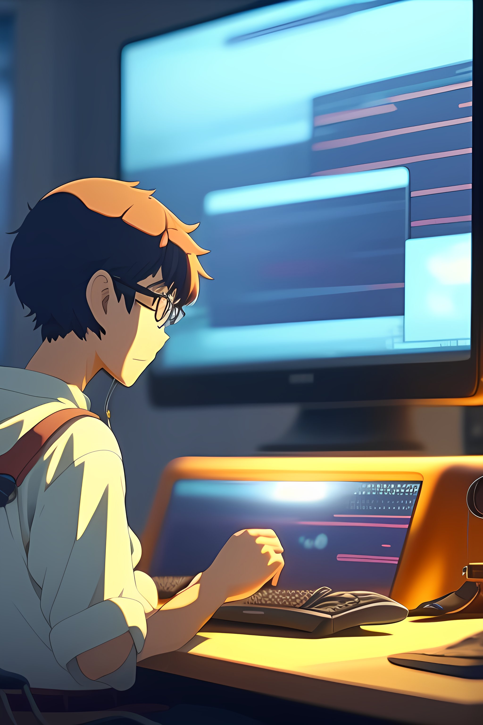 Lexica - A nerdy boy is programming at a computer in a room full of ...