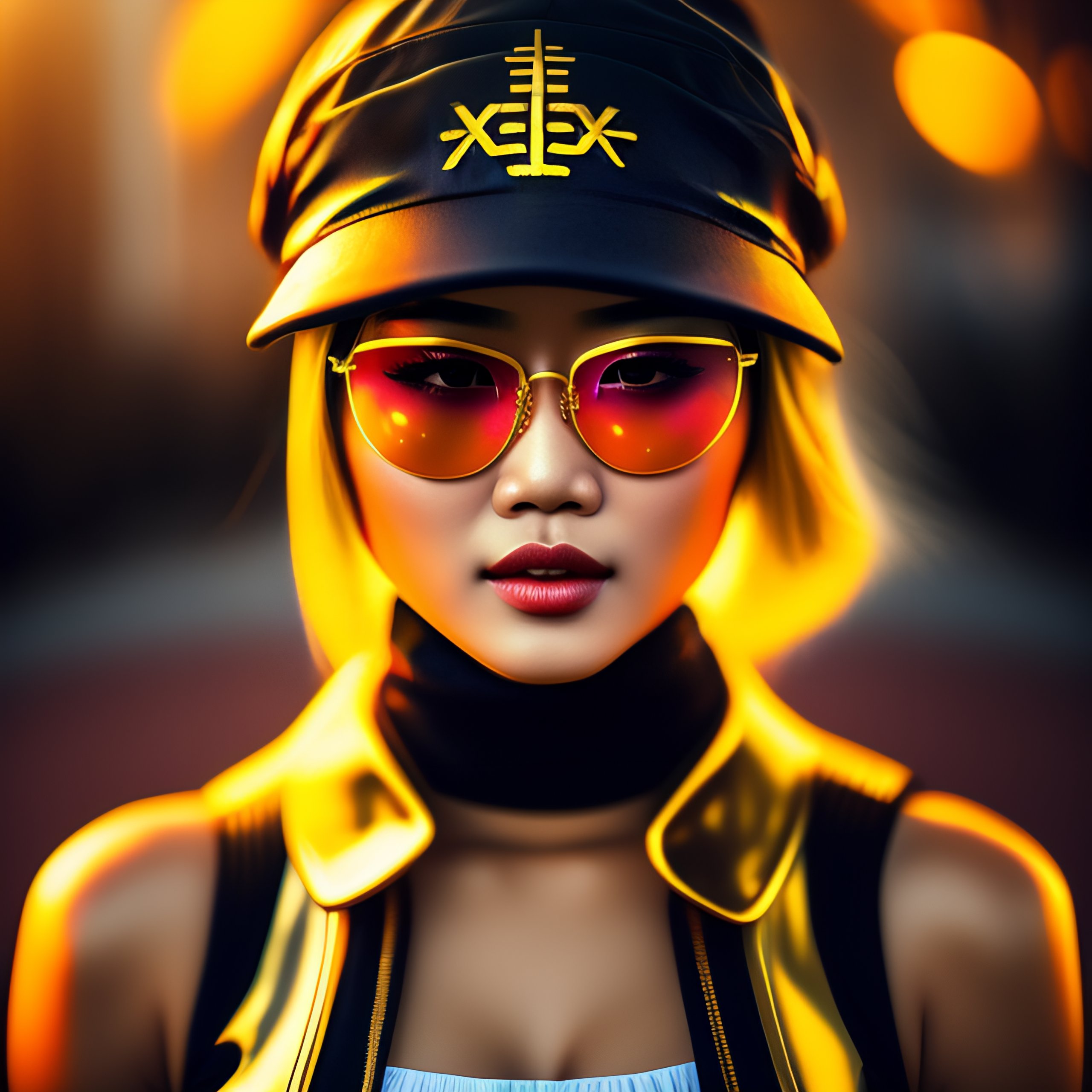 Lexica - Asian girl wearing a dress and golden cap wit a Big X logo. on it. Sunglasses from gold ...
