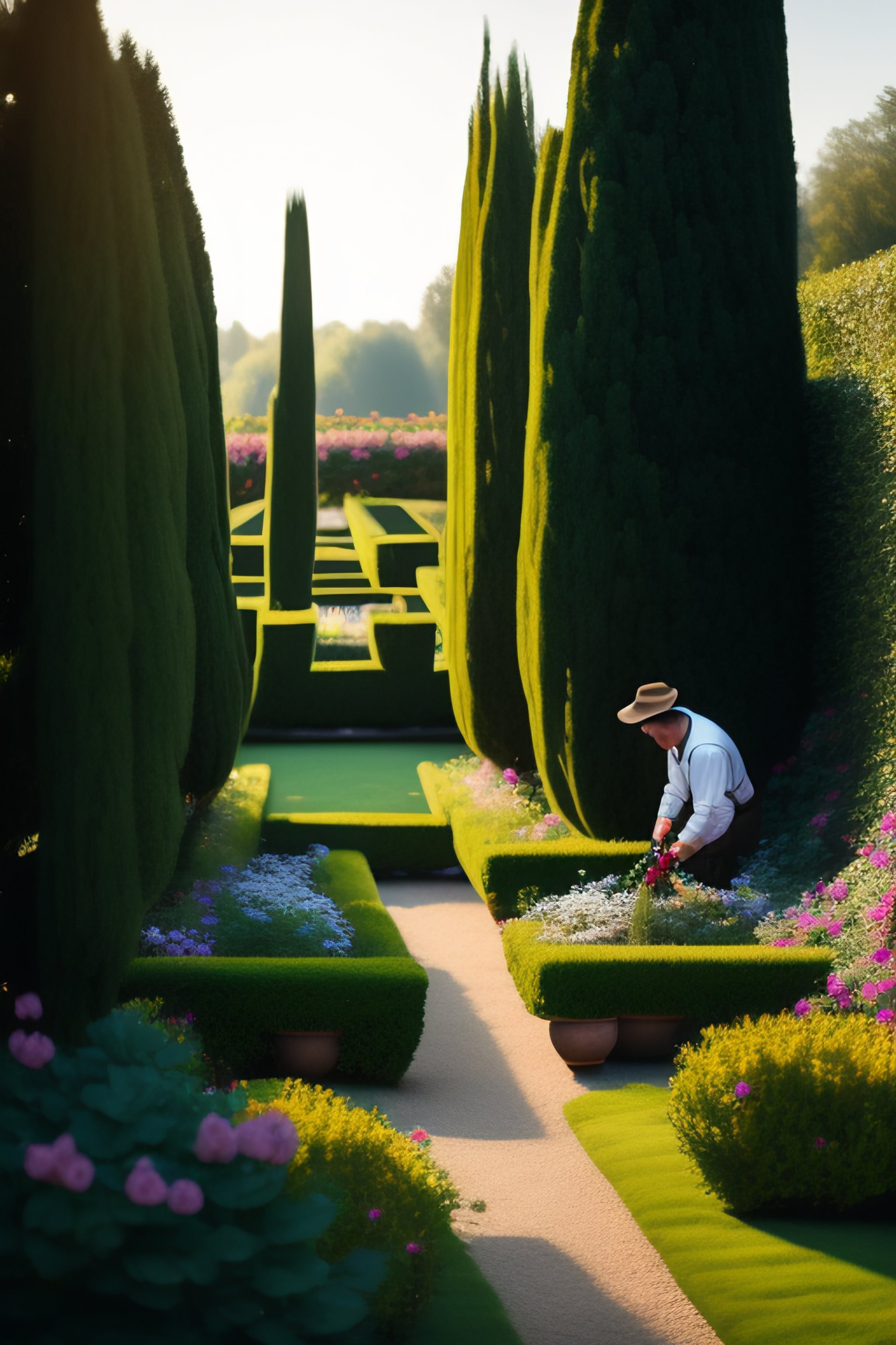 Lexica - A gardener in a french garden in the evening