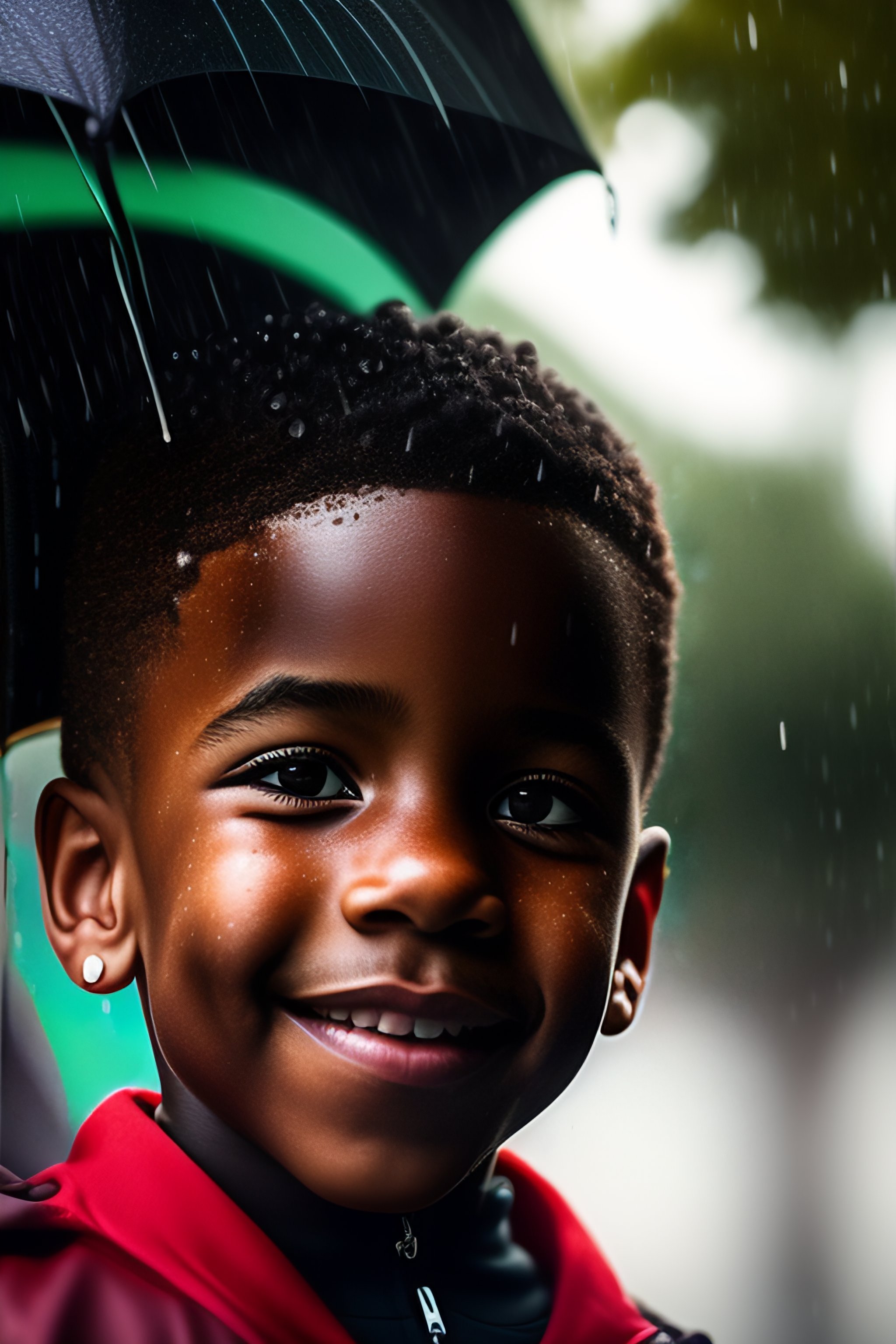 Lexica - A portrait of a black boy playing in the rain