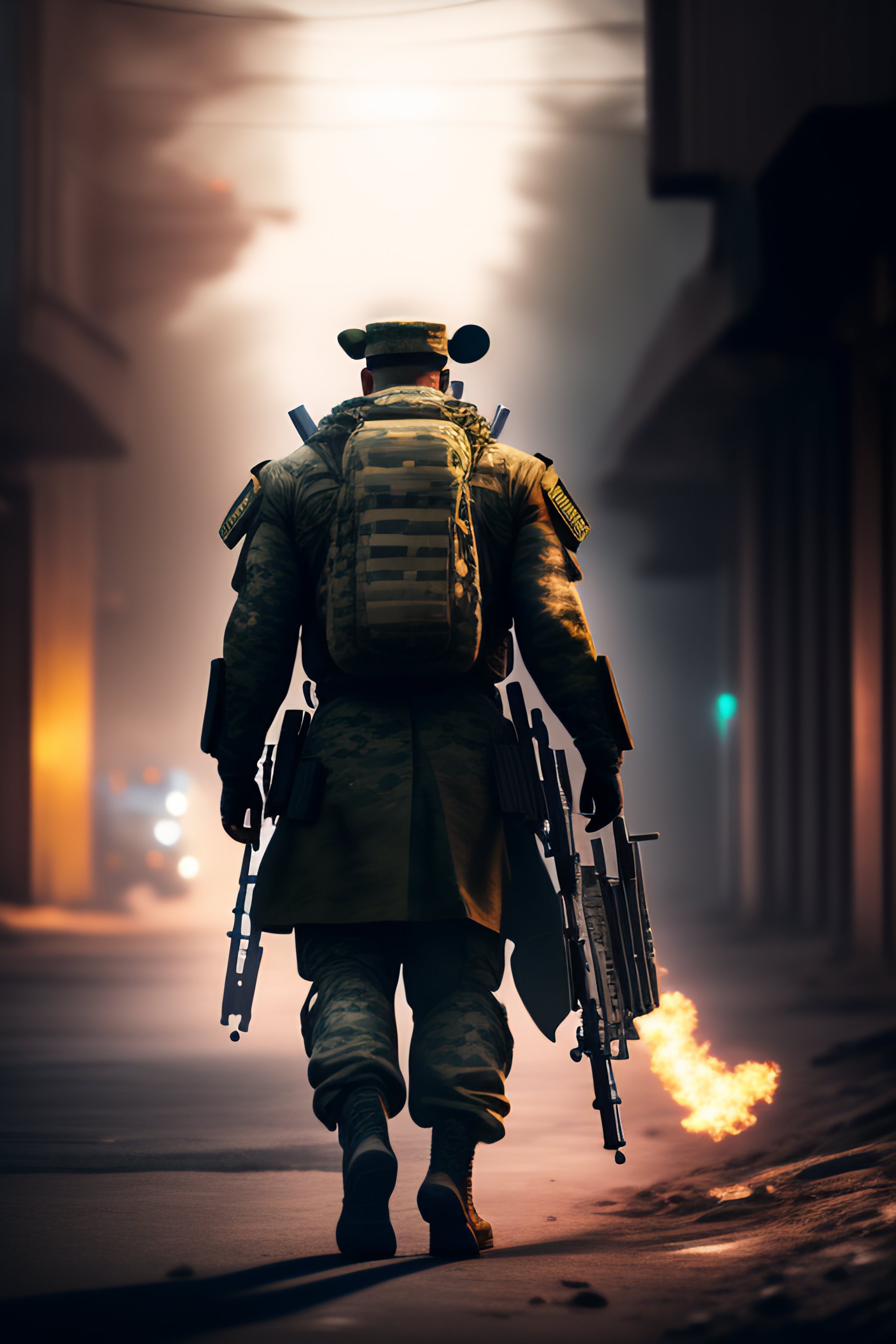 Lexica - A military alpha wolf with a machine gun walking with the flag ...