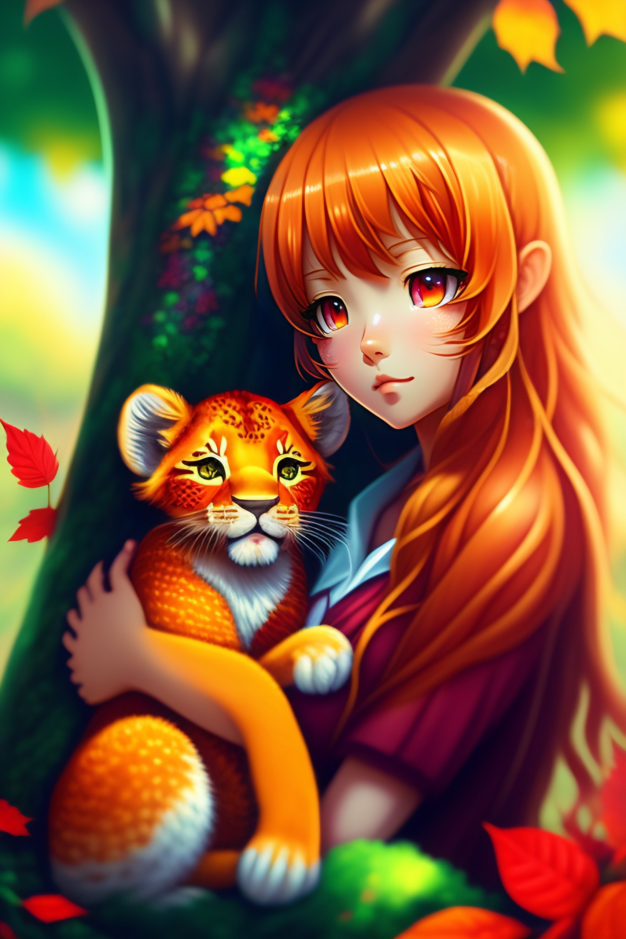 Lexica - A colourful vibrant full frame photo of a tree, an anime girl ...