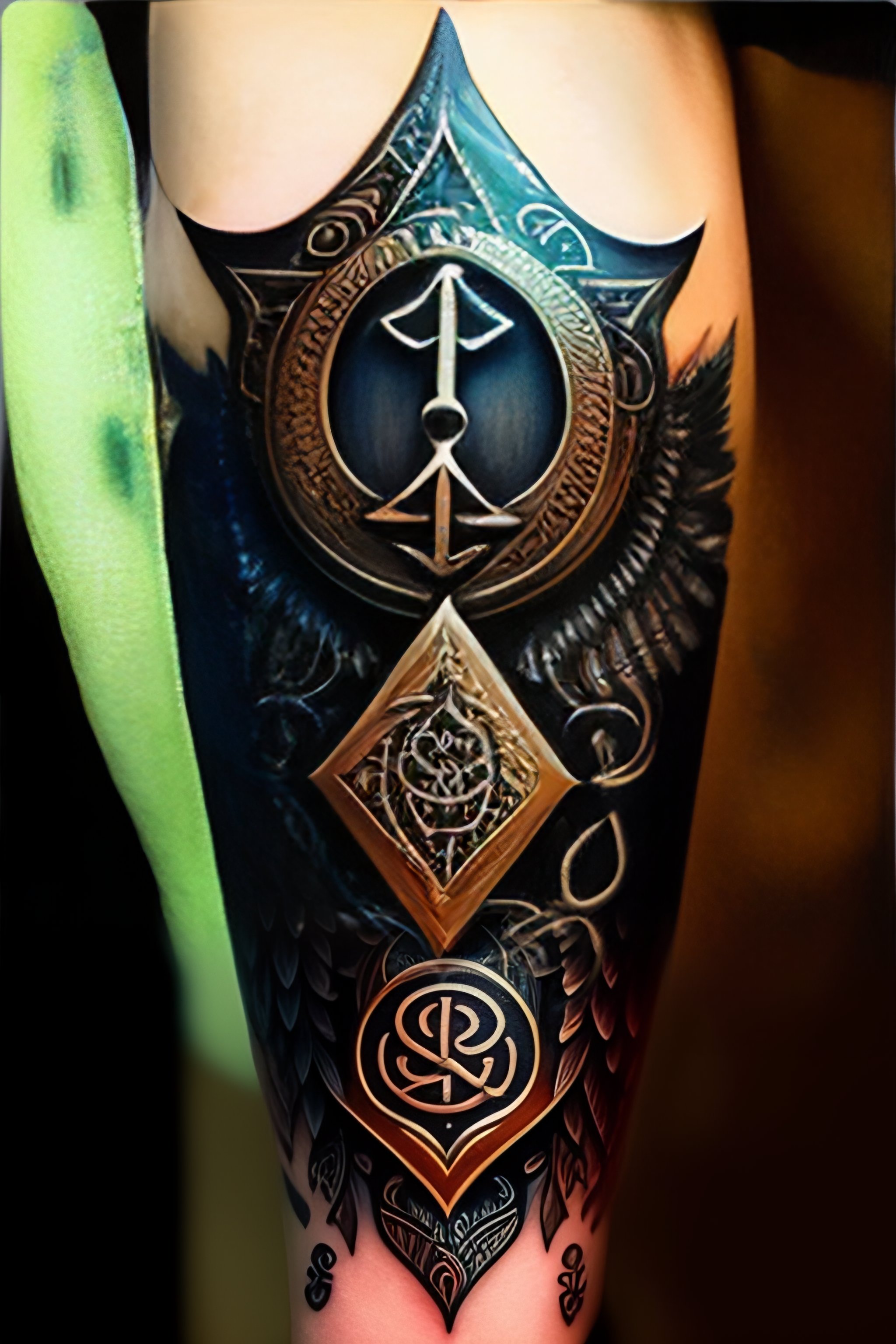 Lexica - Tattoo with runes of success and amulet, very realistic, angel ...
