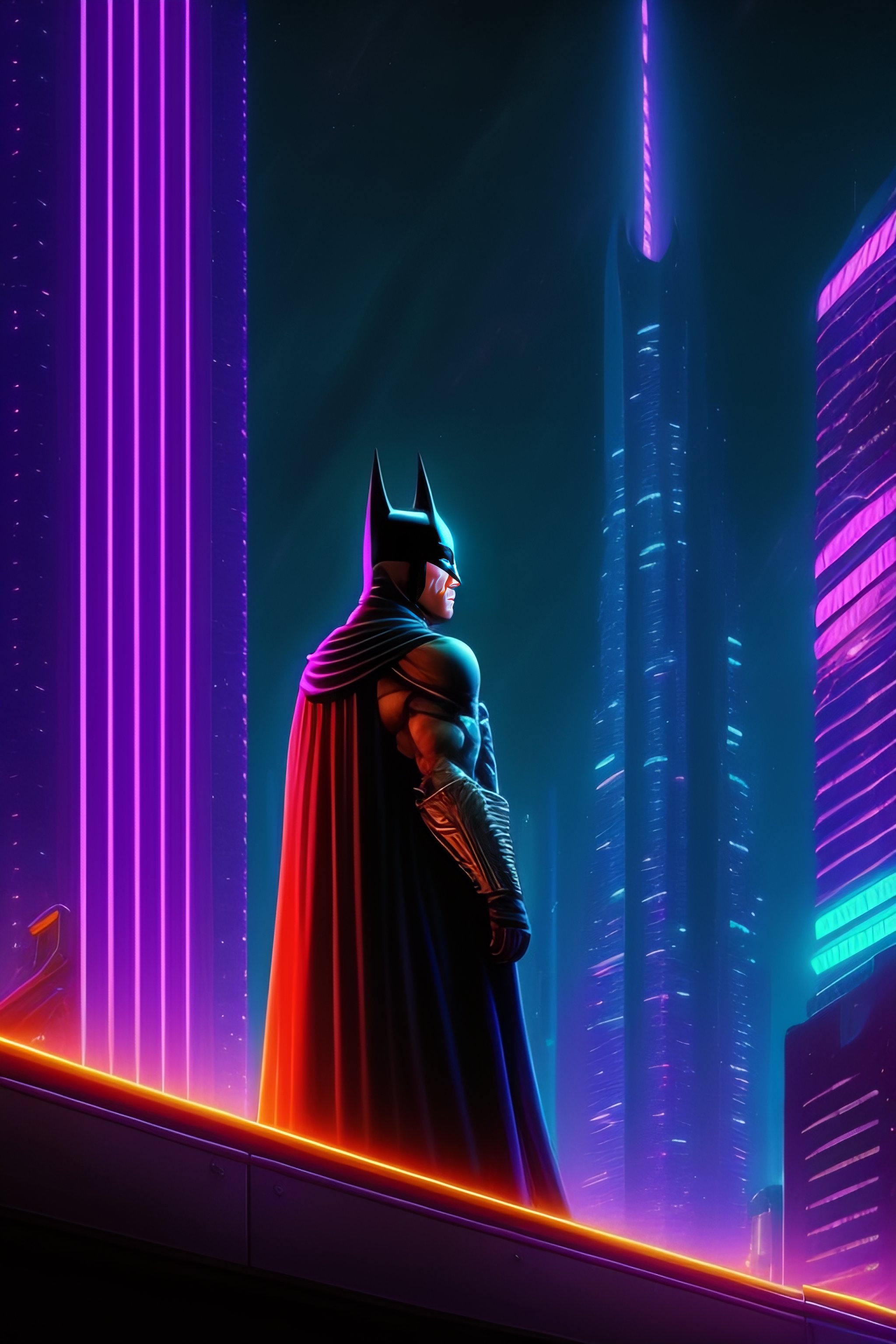 Lexica - A futuristic batman sitting on a roof looking down at a neon ...