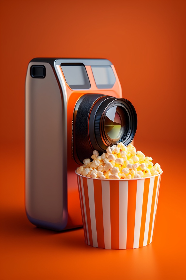 Lexica - A film camera, popcorn, movie glasses, theatre screen on ...