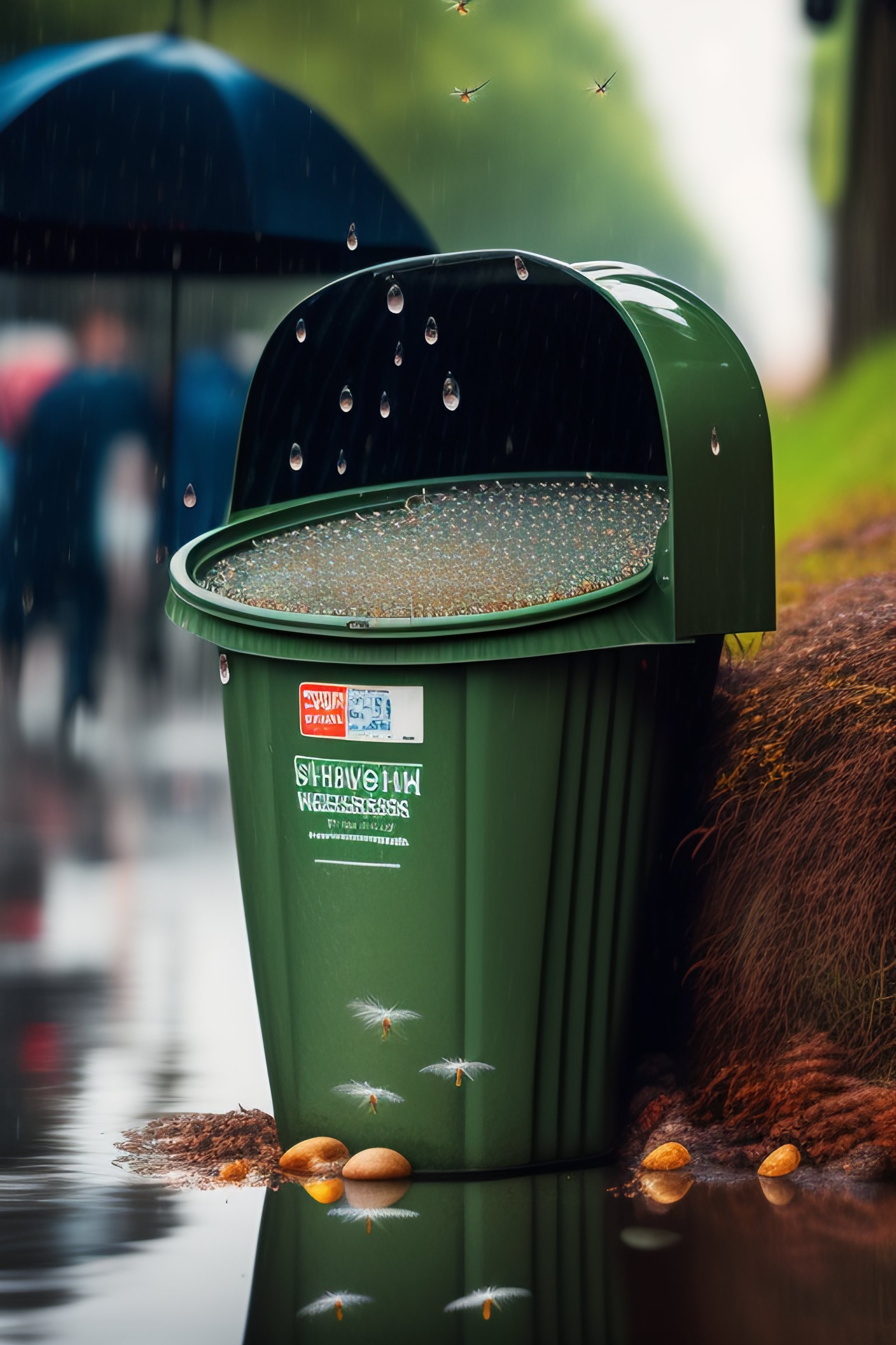 Lexica - A photograph of an overflowing garbage can with flies on a ...
