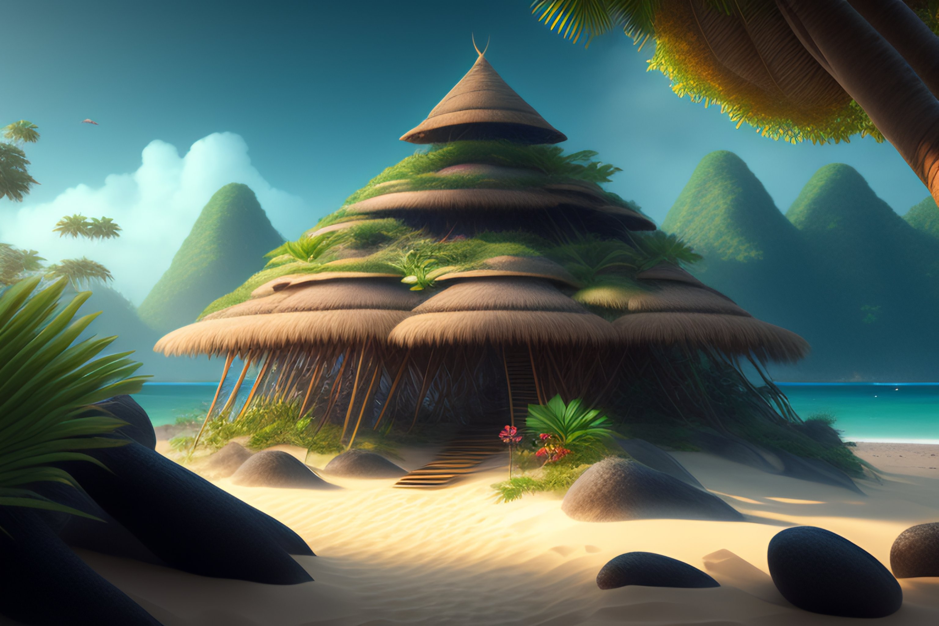Lexica - Giant elven hut bamboo on tropical island beach yucca giant ...