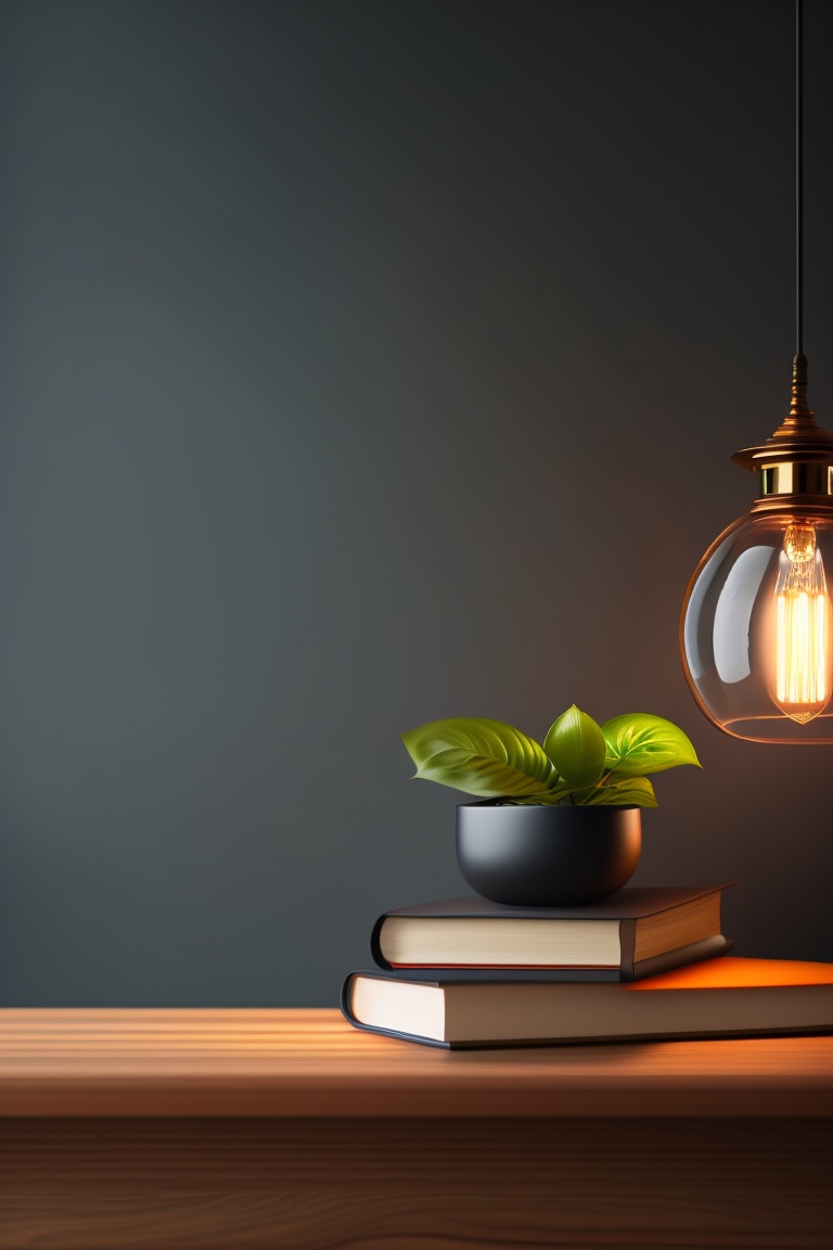 Lexica - Desktop background with wooden table, plant, lamp and books