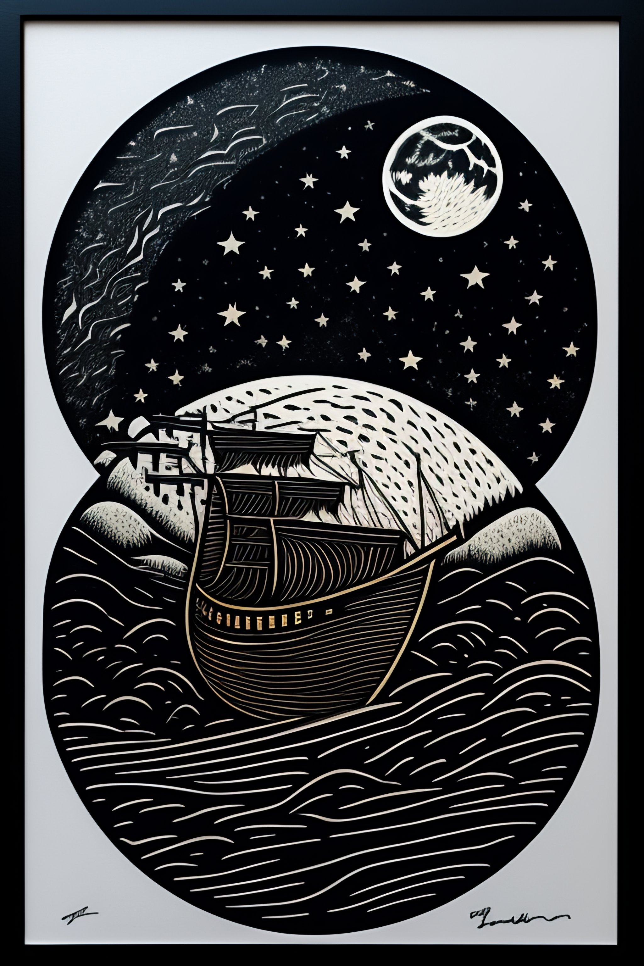 Lexica - An award winning linocut engraving on paper of viking in the moon